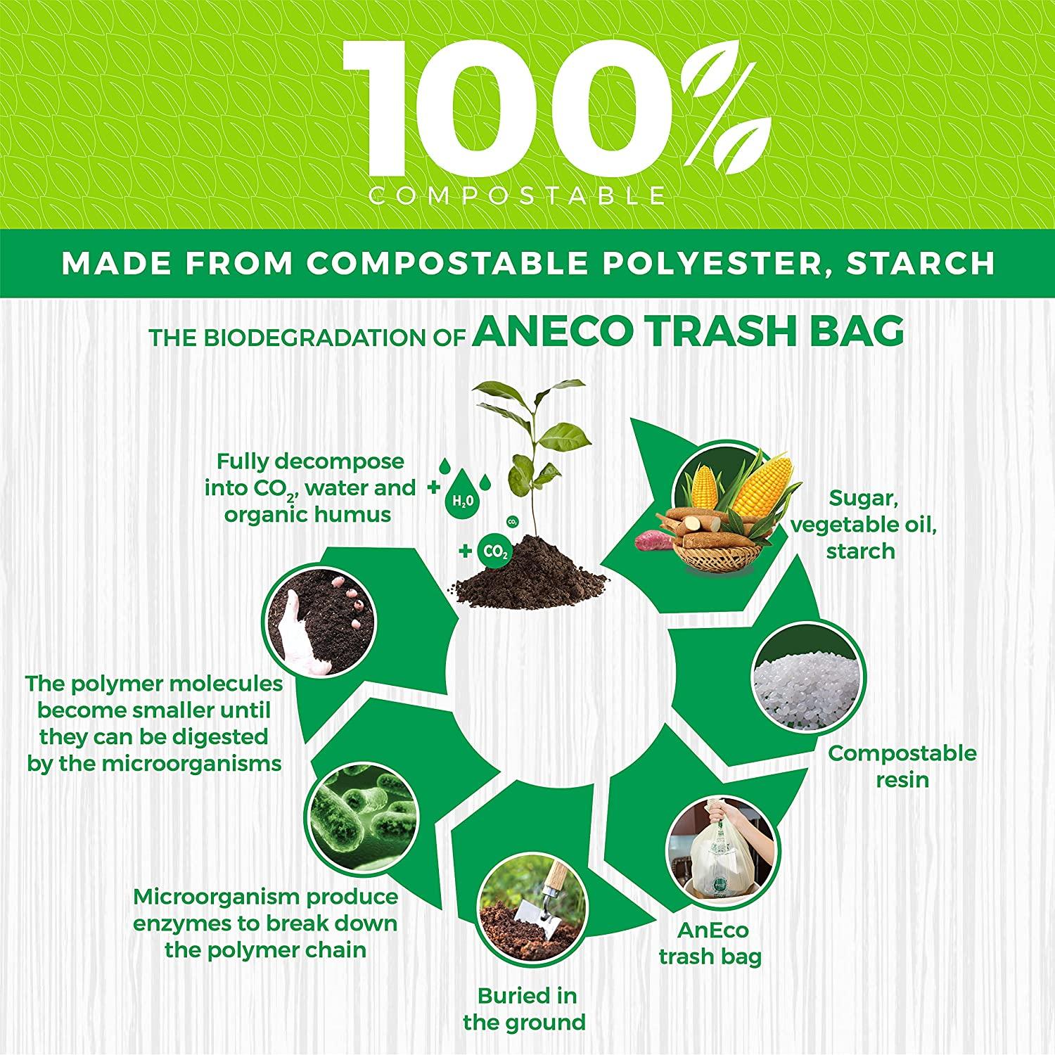 ANECO 3 Gallon 100% Compostable Trash Bags - 100 Count, Extra Thick ...