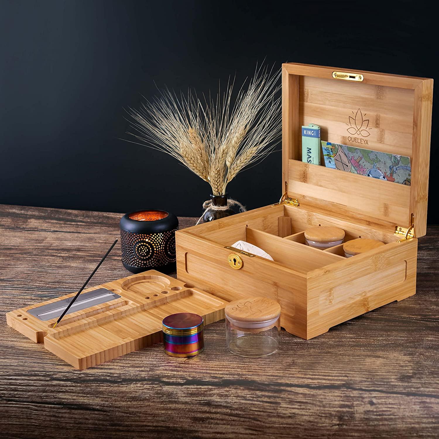 Wooden Stash Box Bundle with Rolling Tray, Jar, and Lock - Bamboo ...