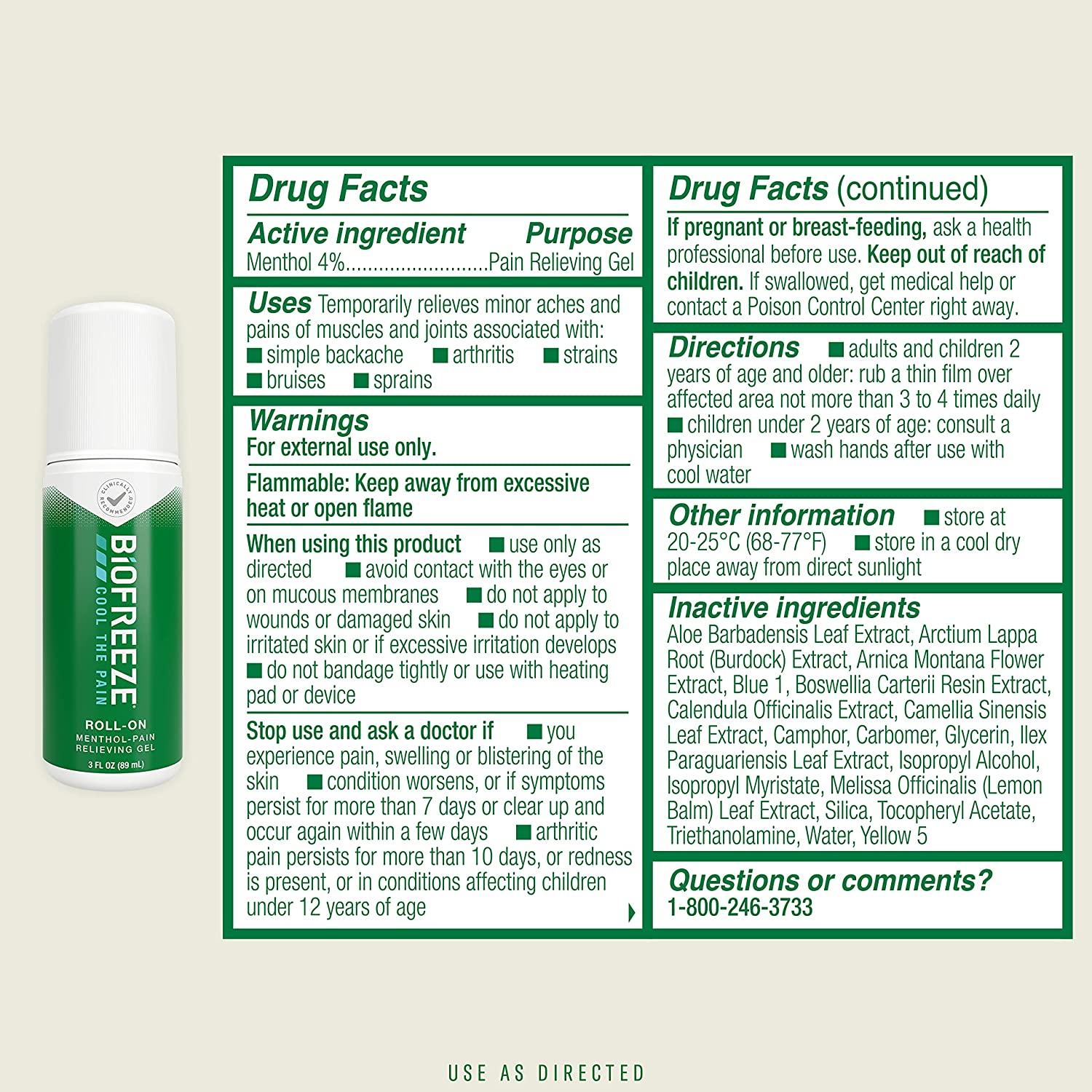 Biofreeze Roll-On Pain-Relieving Gel 3 FL OZ, Green Topical Pain ...