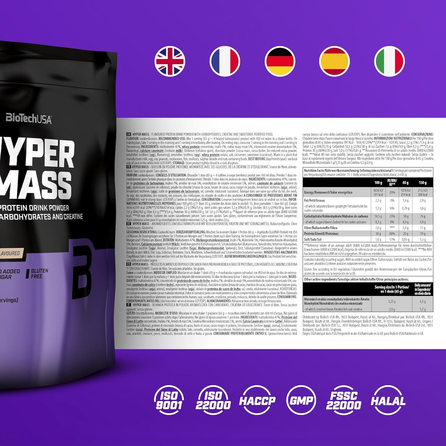 Buy Biotechusa Hyper Mass 1kg - Gluten-Free Mass Gainer with Carbs ...