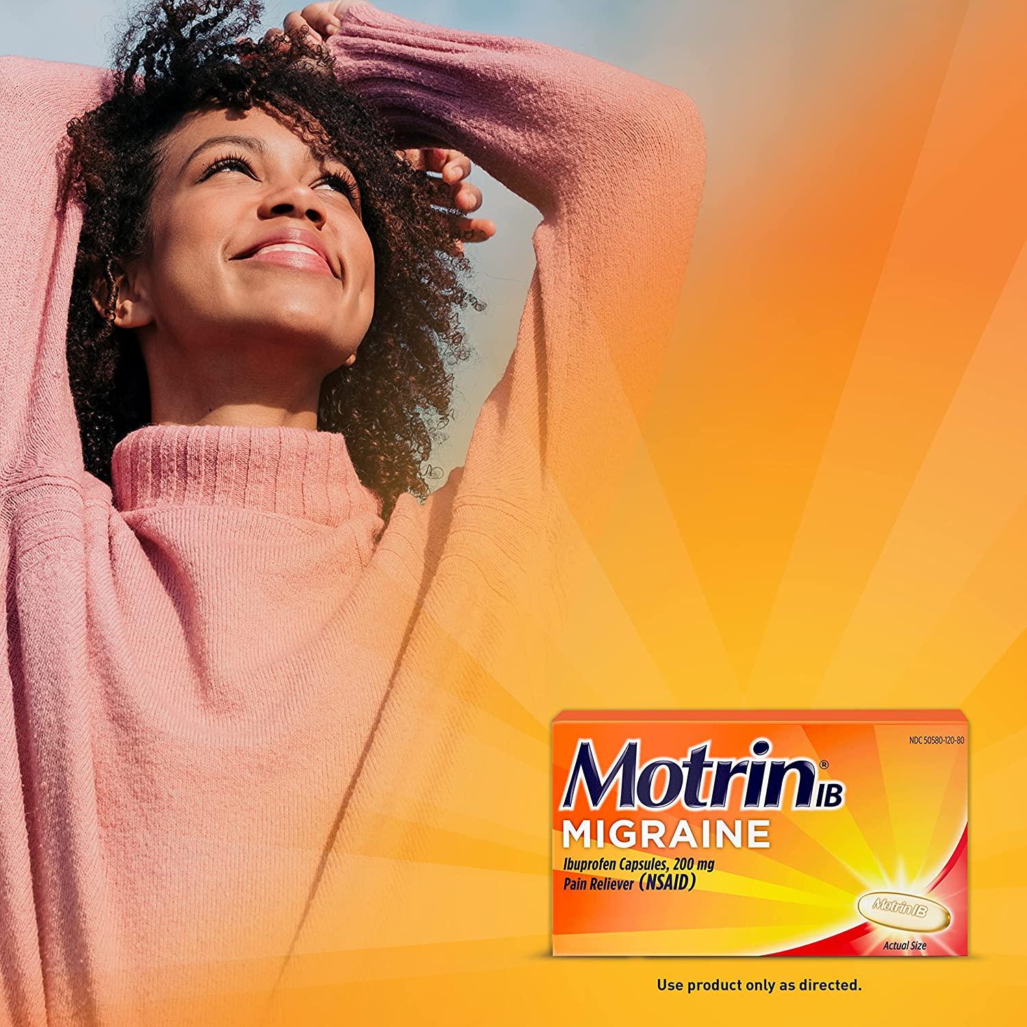 Motrin IB Migraine Liquid Gel Caps, Ibuprofen 200 mg, Migraine Relief ...