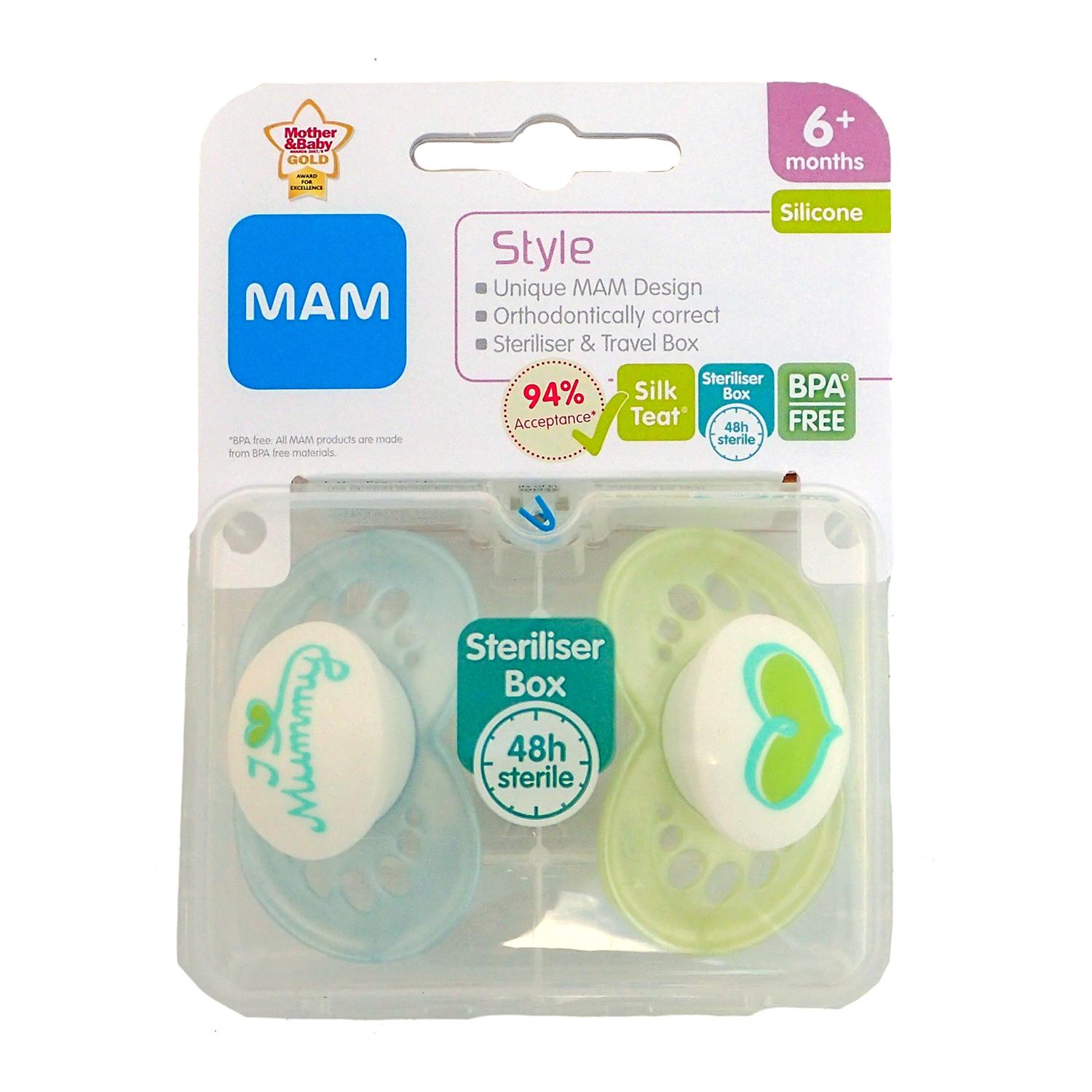 MAM Style 2 Pack Pacifiers I Love Mummy 6m+ - Blue/Green ...