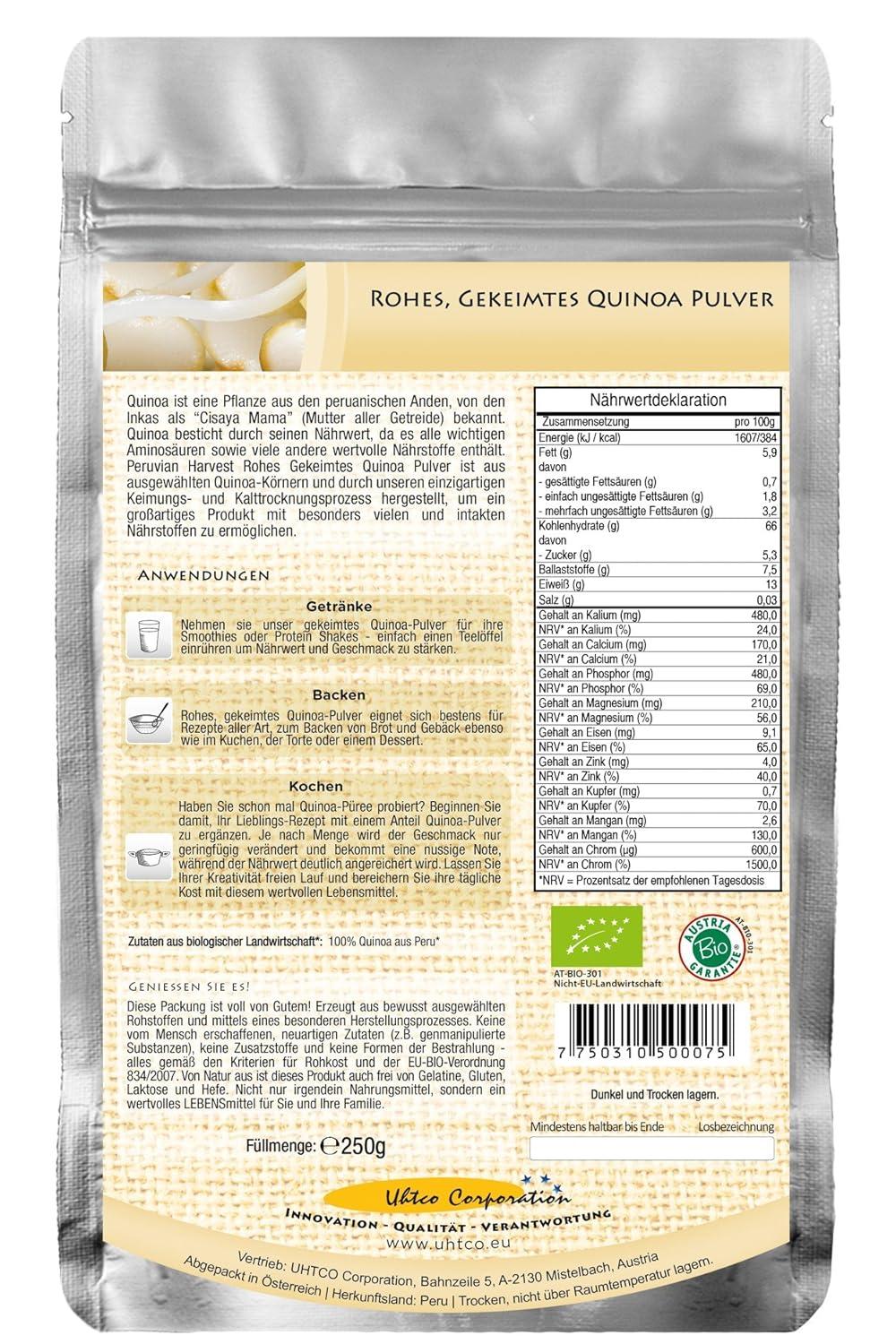 UHTCO Peruvian Harvest Organic Raw Sprouted Quinoa Powder 250g ...
