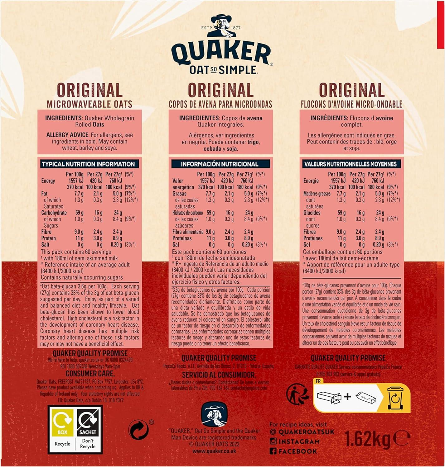 Quaker Oats Oat So Simple Original Porridge Sachets - Case of 60, 27g ...