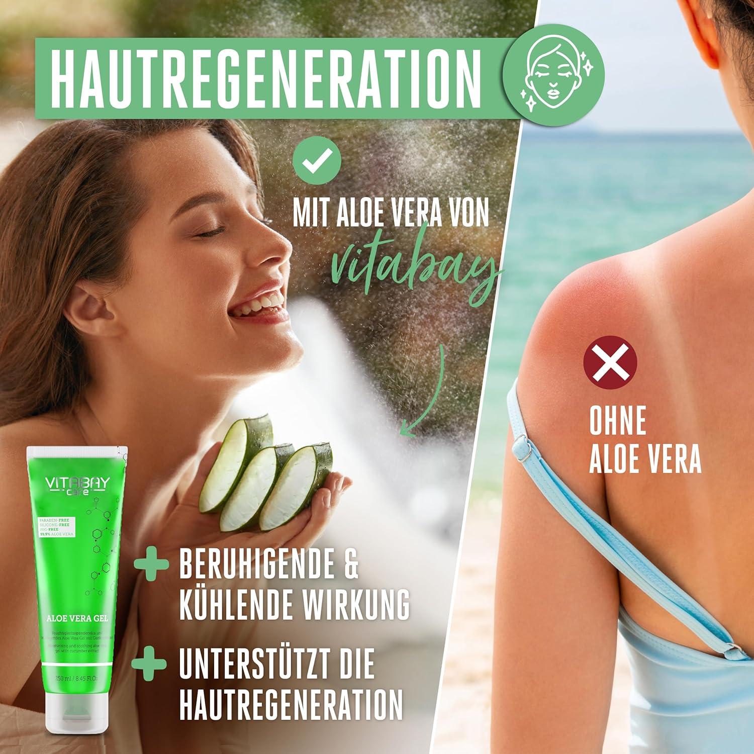 Vitabay Aloe Vera Gel 100% (99.9%) - 2x250ml After Sun Lotion & Sunburn ...