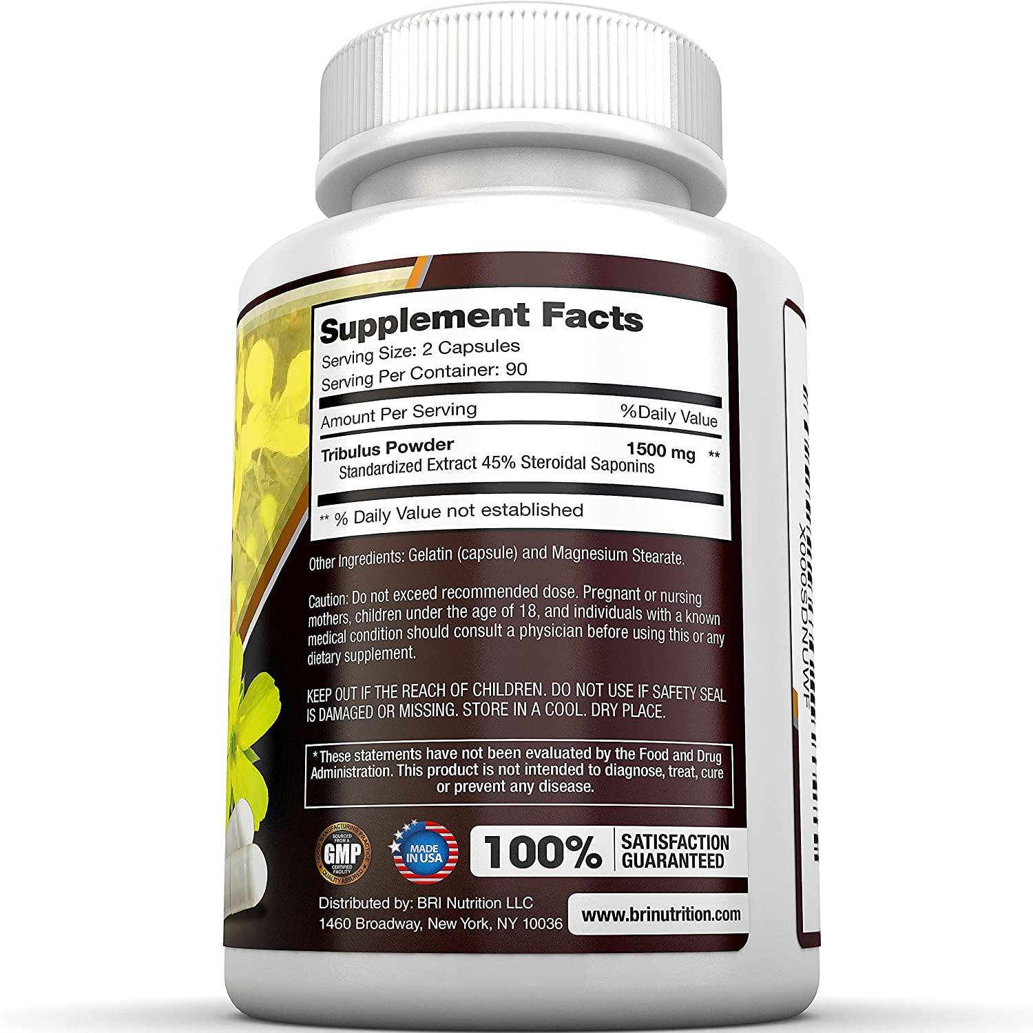 BRI Nutrition Tribulus Terrestris 1500mg - 180 Count - 45% Steroidal ...