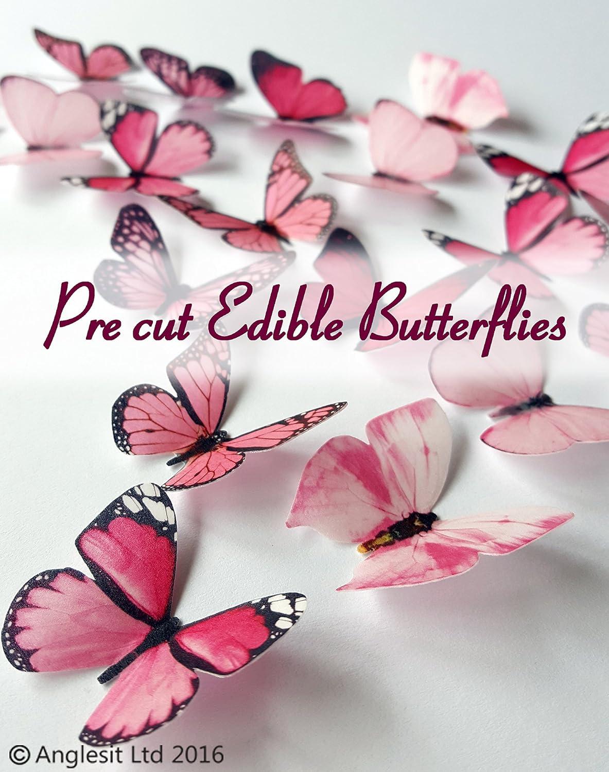 24 X PRE-CUT BEAUTIFUL MEDIUM PINK BUTTERFLIES EDIBLE RICE/WAFER PAPER ...
