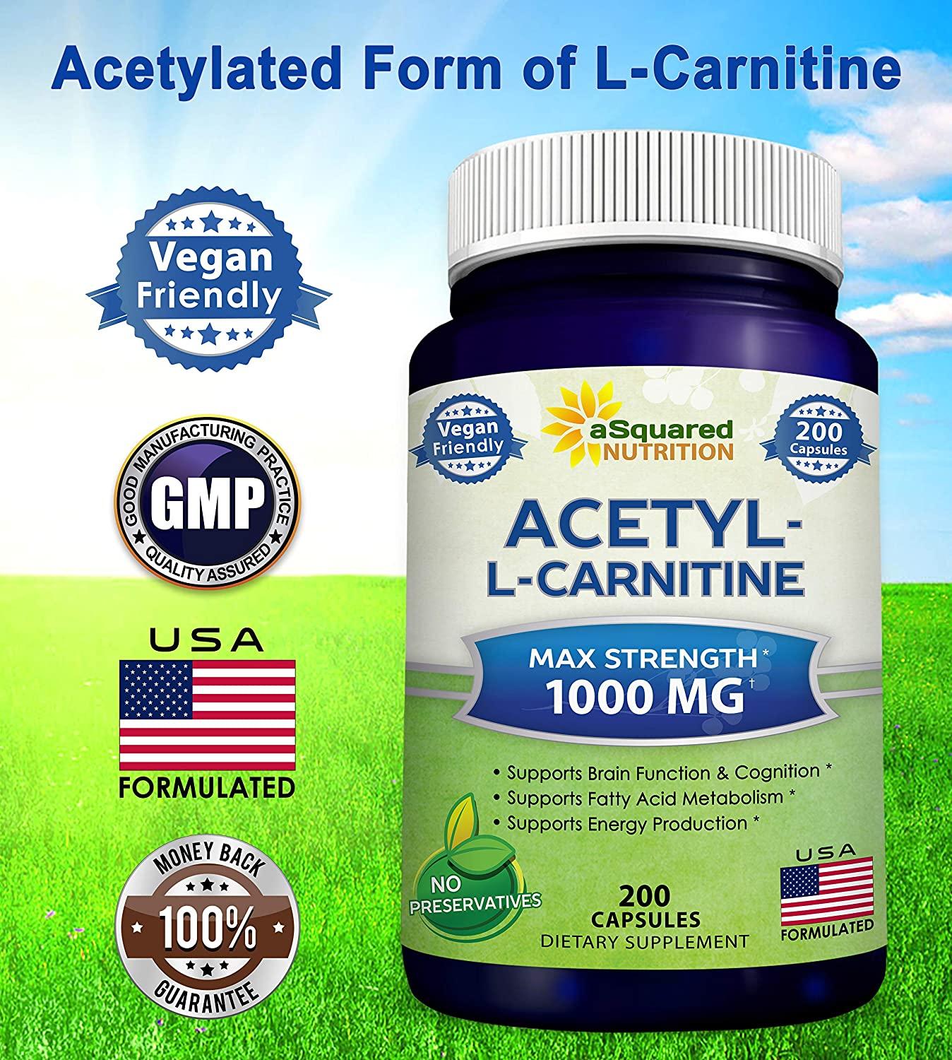 Acetyl L-Carnitine 1000mg Max Strength - 200 Veggie Capsules - Supports ...