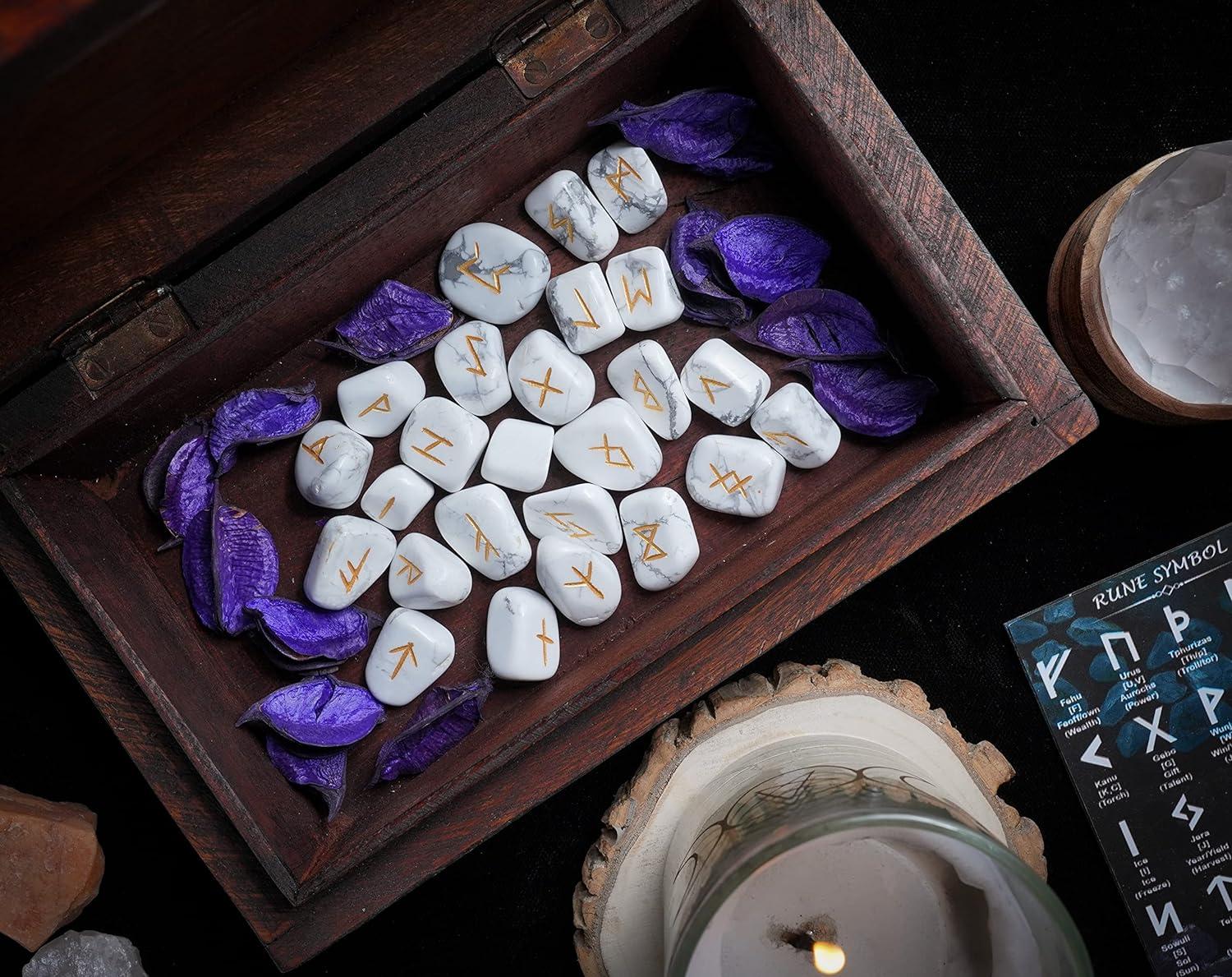 Crocon Howlite Rune Stones Set - Engraved Elder Futhark Crystal Runes ...