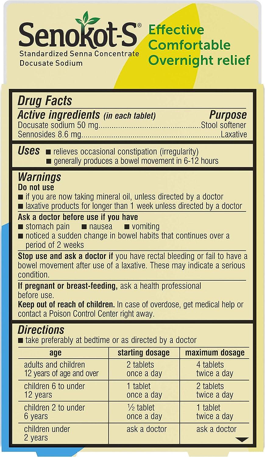 Senokot-S Dual Action Laxative & Stool Softener Tablets for Overnight ...