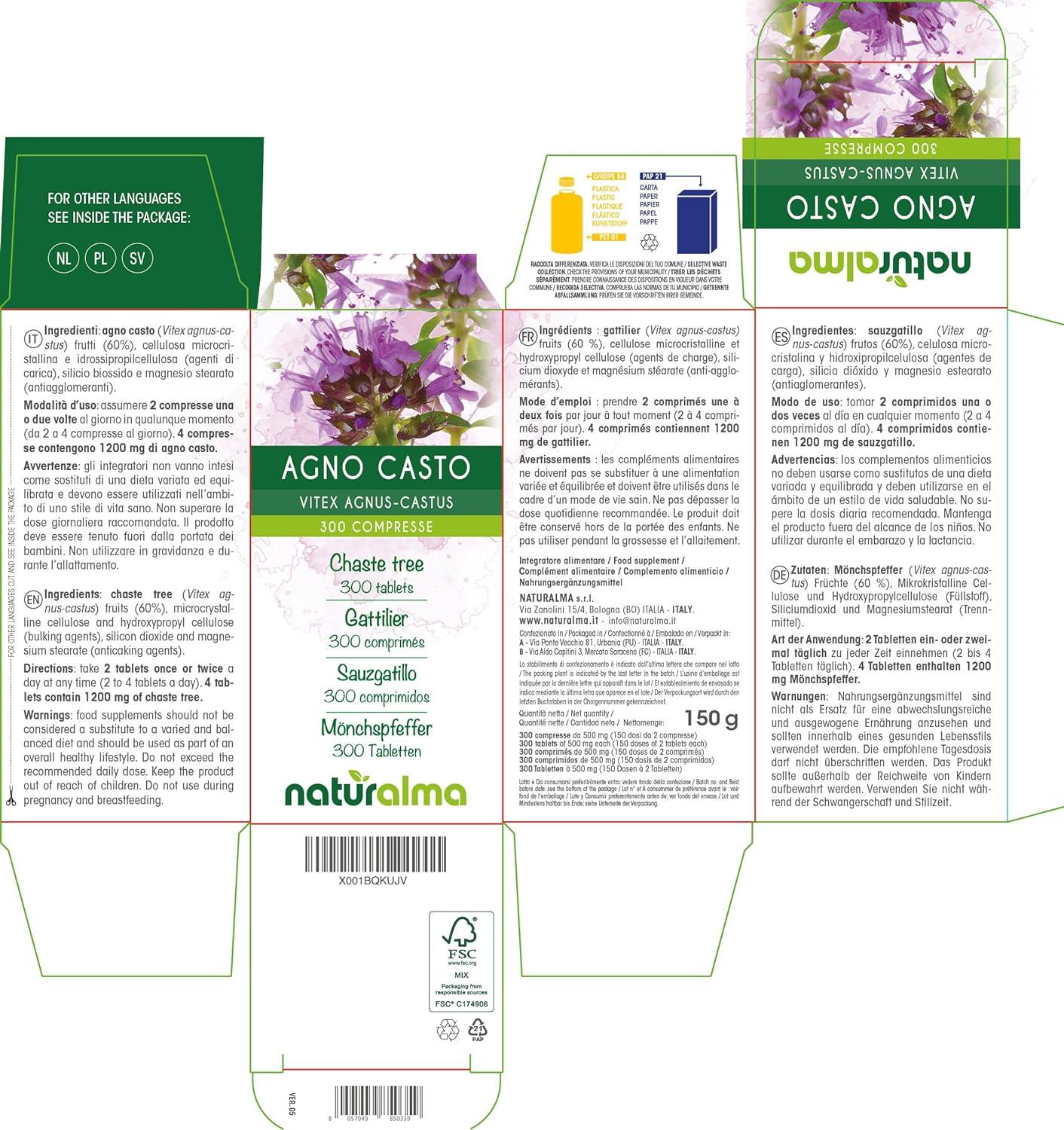 Chaste Tree (Vitex Agnus-castus) Fruits NATURALMA | 150 g | 300 Tablets ...