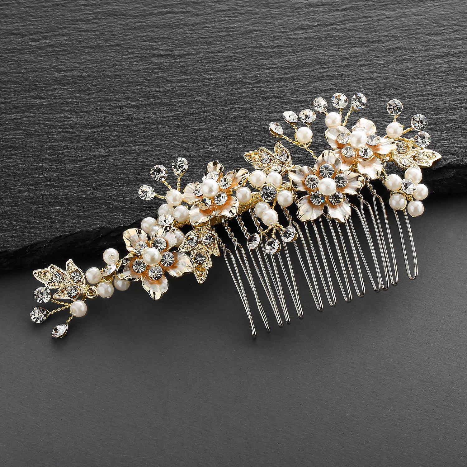 Mariell Handmade Brushed Gold and Ivory Pearl Wedding Comb - Crystal ...