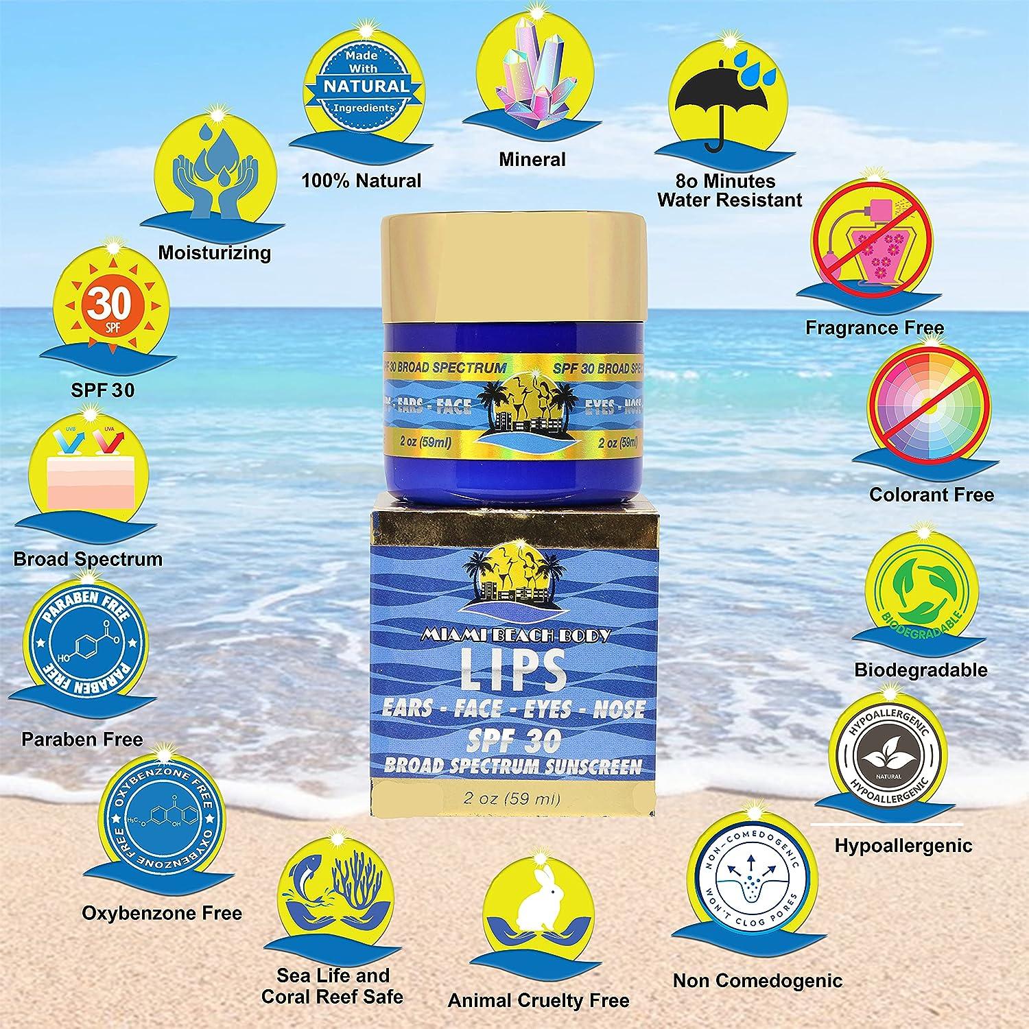 Miami Beach Body SPF 30 Mineral Sunscreen Balm for Lips, Ears, Face ...