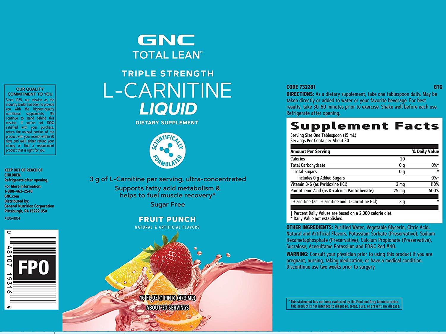 GNC Total Lean Triple Strength L-Carnitine Liquid 16 fl. oz - Sugar ...