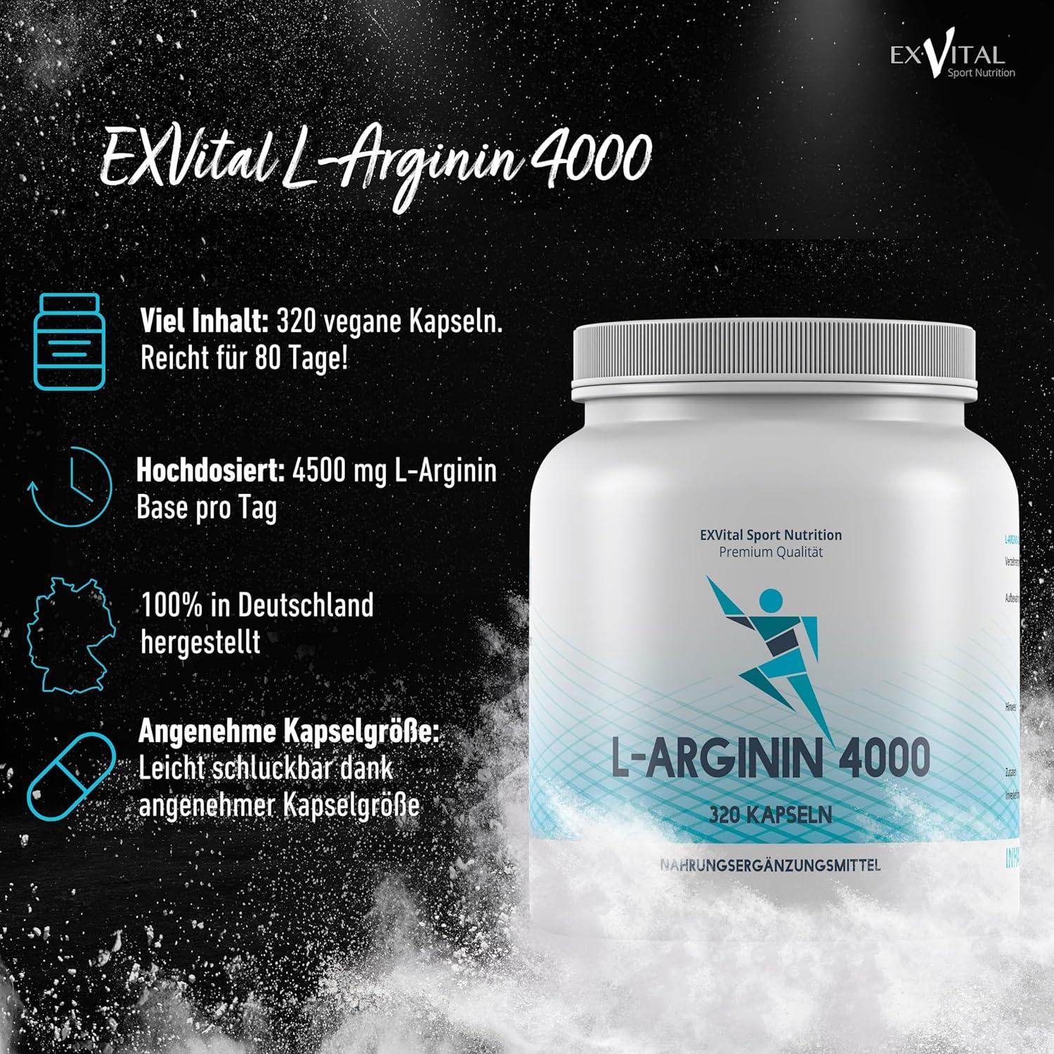 Exvital L-Arginine 4000mg - 320 Kapseln Hochdosiert | Premium deutsche ...
