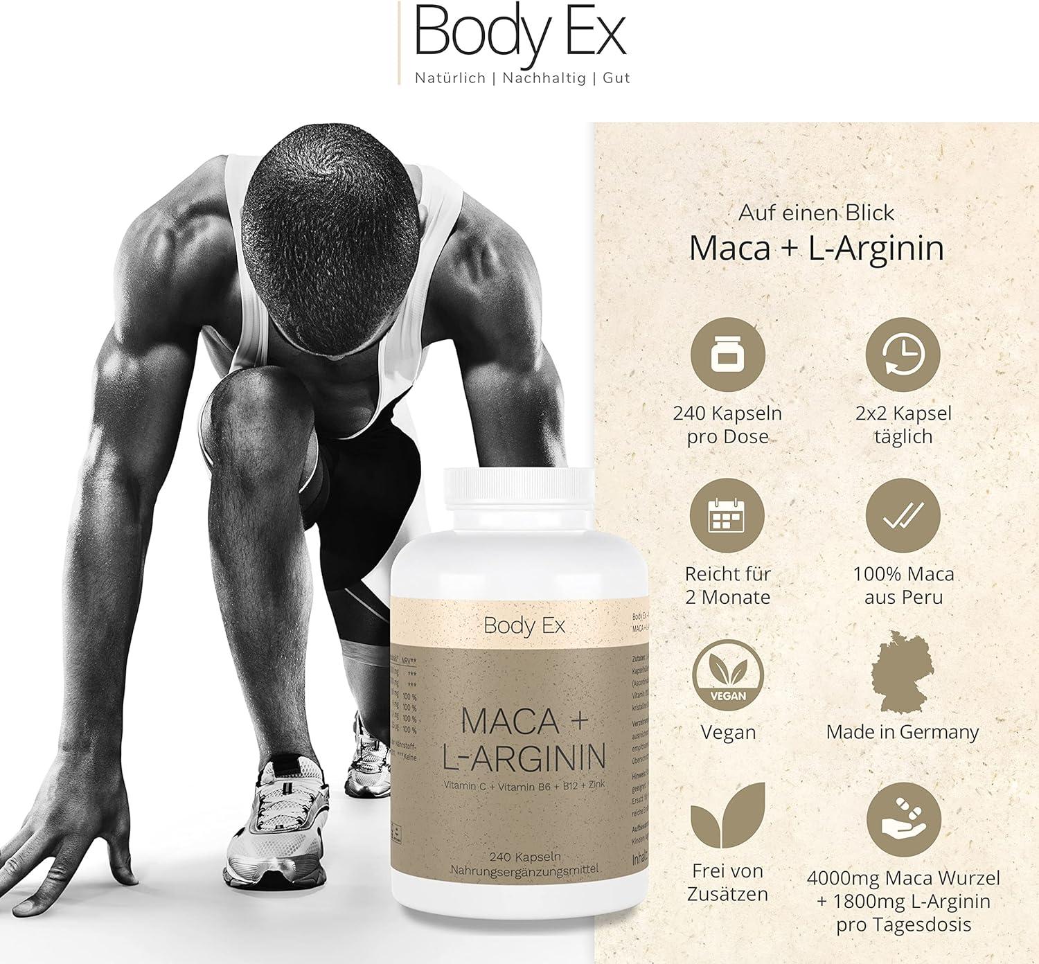 Body Ex Maca Capsules 4000mg + L-Arginine | Vegan 240 Capsules | High Dose with Vitamin C B6 B12 ...