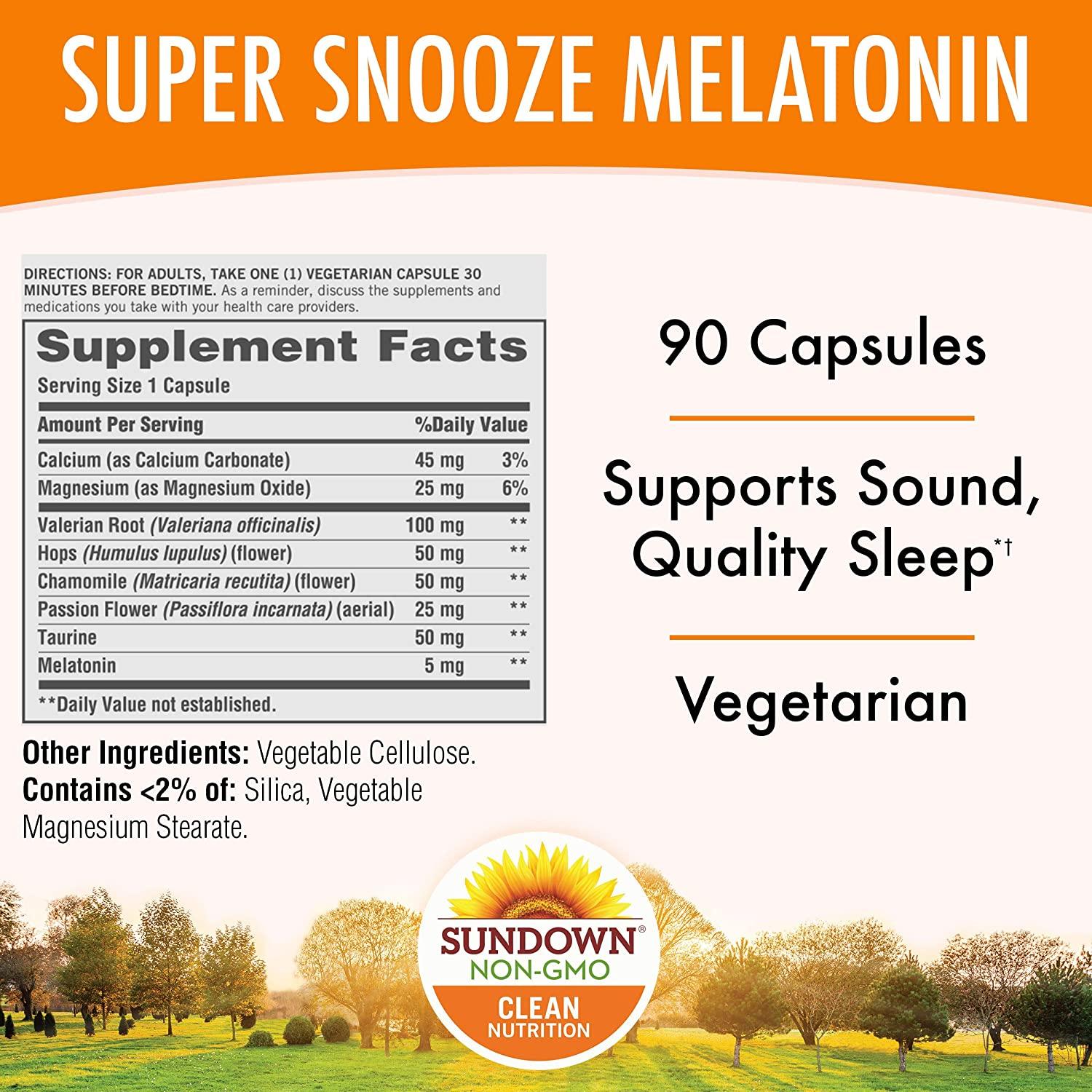 Sundown Naturals Super Snooze Melatonin - 90 Capsules for Restful Sleep ...