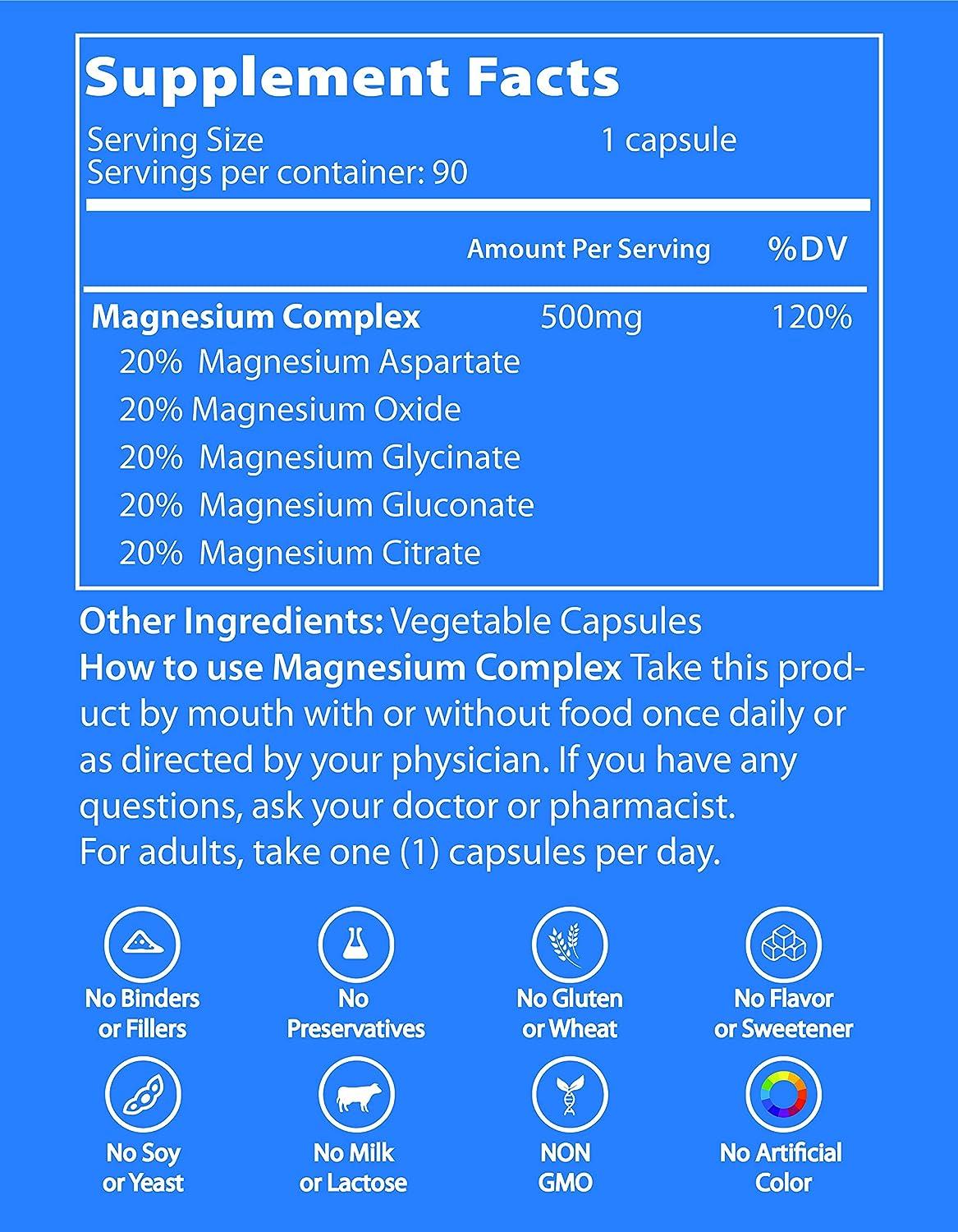5 Forms Magnesium Complex 500mg - 90 Capsules - Oxide Citrate Aspartate ...