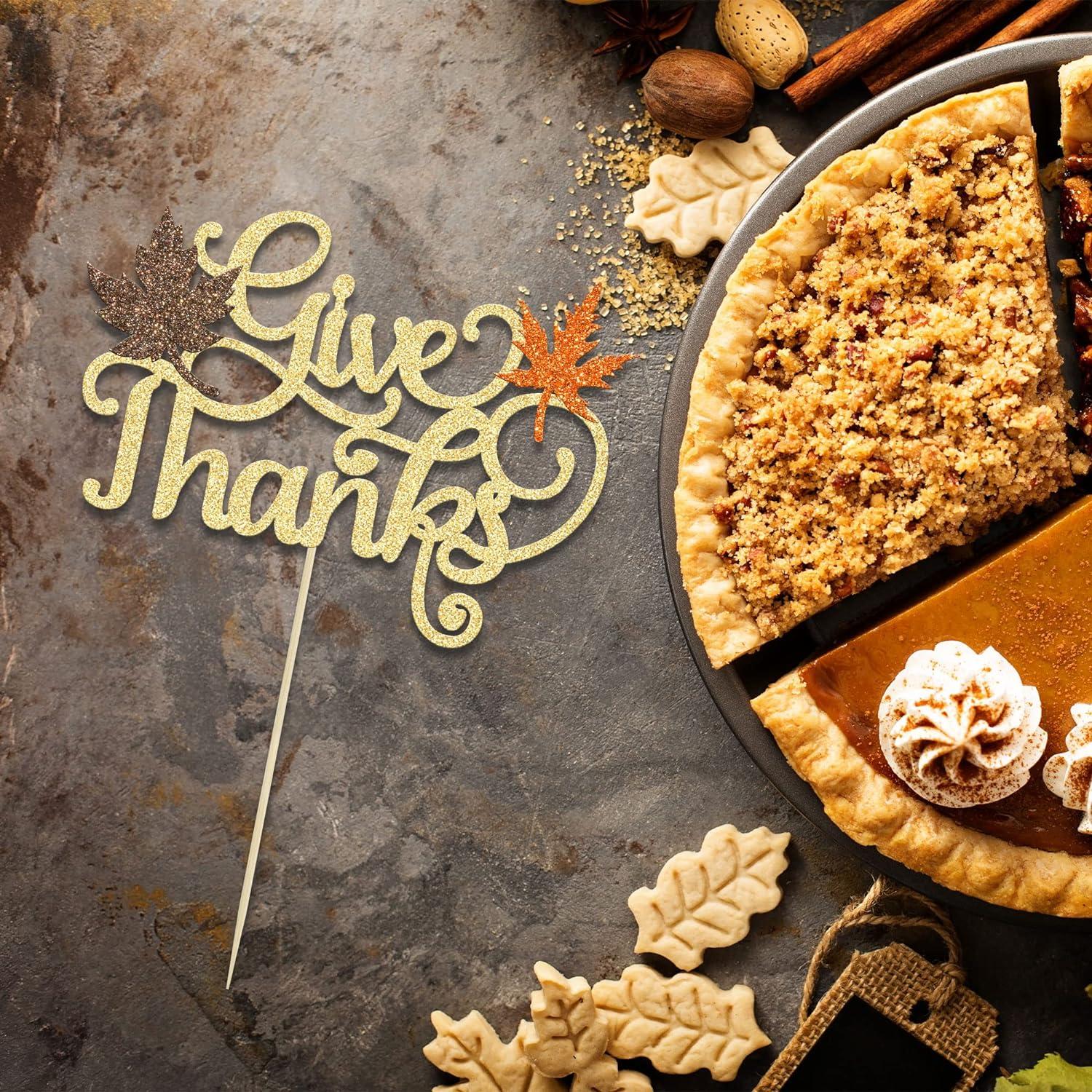 Gyufise 1 Pack Give Thanks Cake Topper Gold Glitter Friendsgiving Cake ...