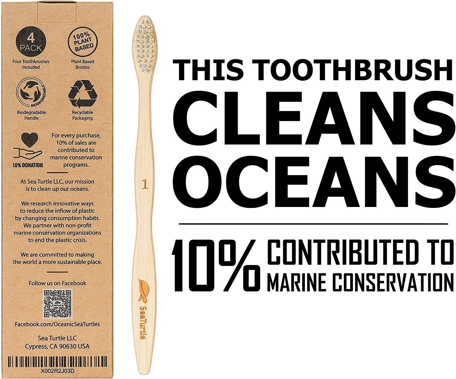 SeaTurtle Plant-Based Bristles Bamboo Toothbrush - Pack of 4 - Soft ...
