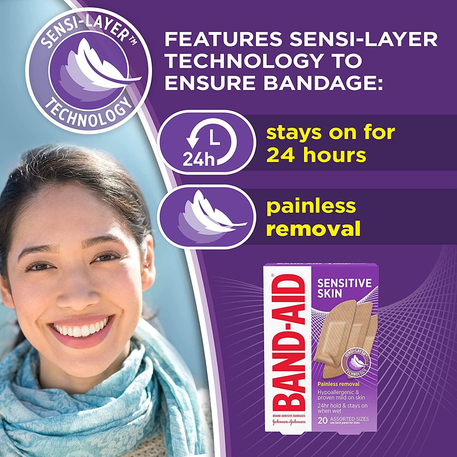 Band-Aid Sensitive Skin Adhesive Bandages - Hypoallergenic, Painless ...
