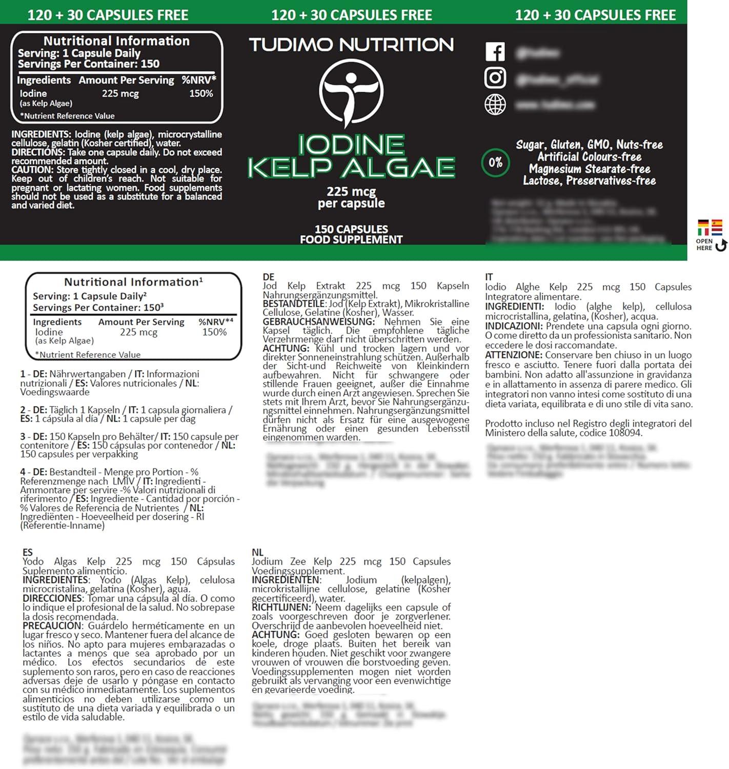 Iodine Sea Kelp Capsules - 225mcg of Kelp Algae Extract - 150 pcs (5 ...