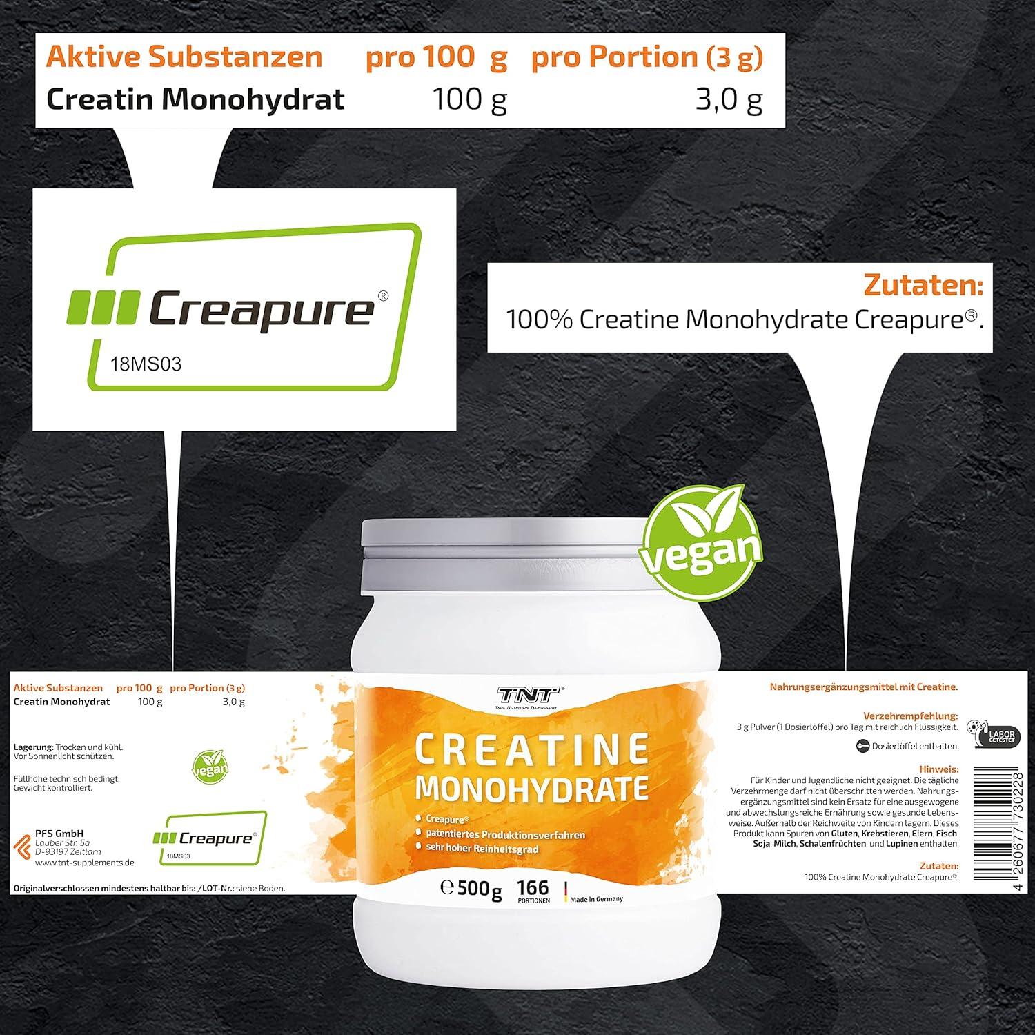 TNT Creatine Monohydrate 500g - Pure Creapure Vegan Creatine Powder No ...
