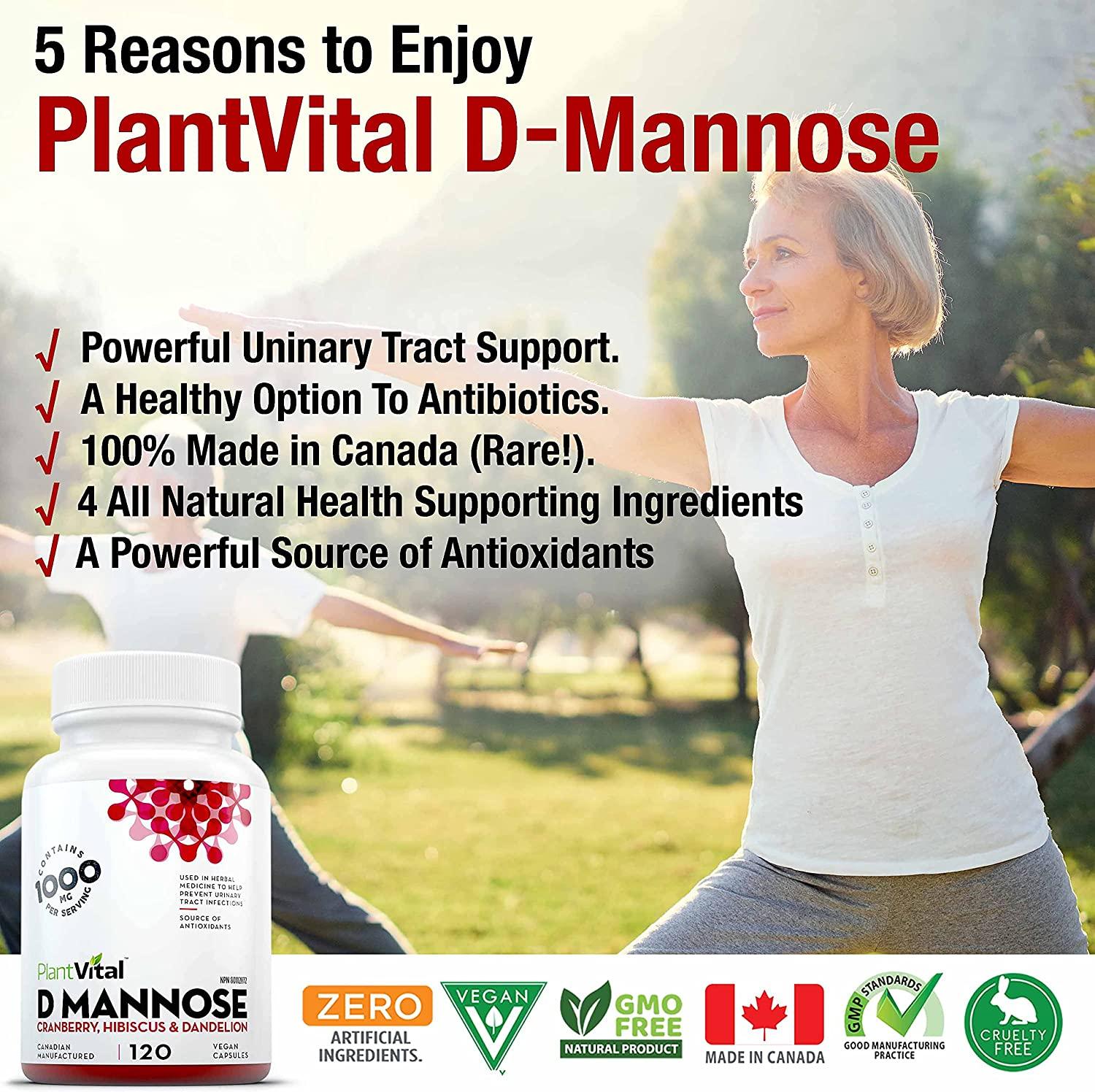 PlantVital D-Mannose 1000mg w Cranberry | UTI & Bladder Control Treatment | Kidney Cleanse ...