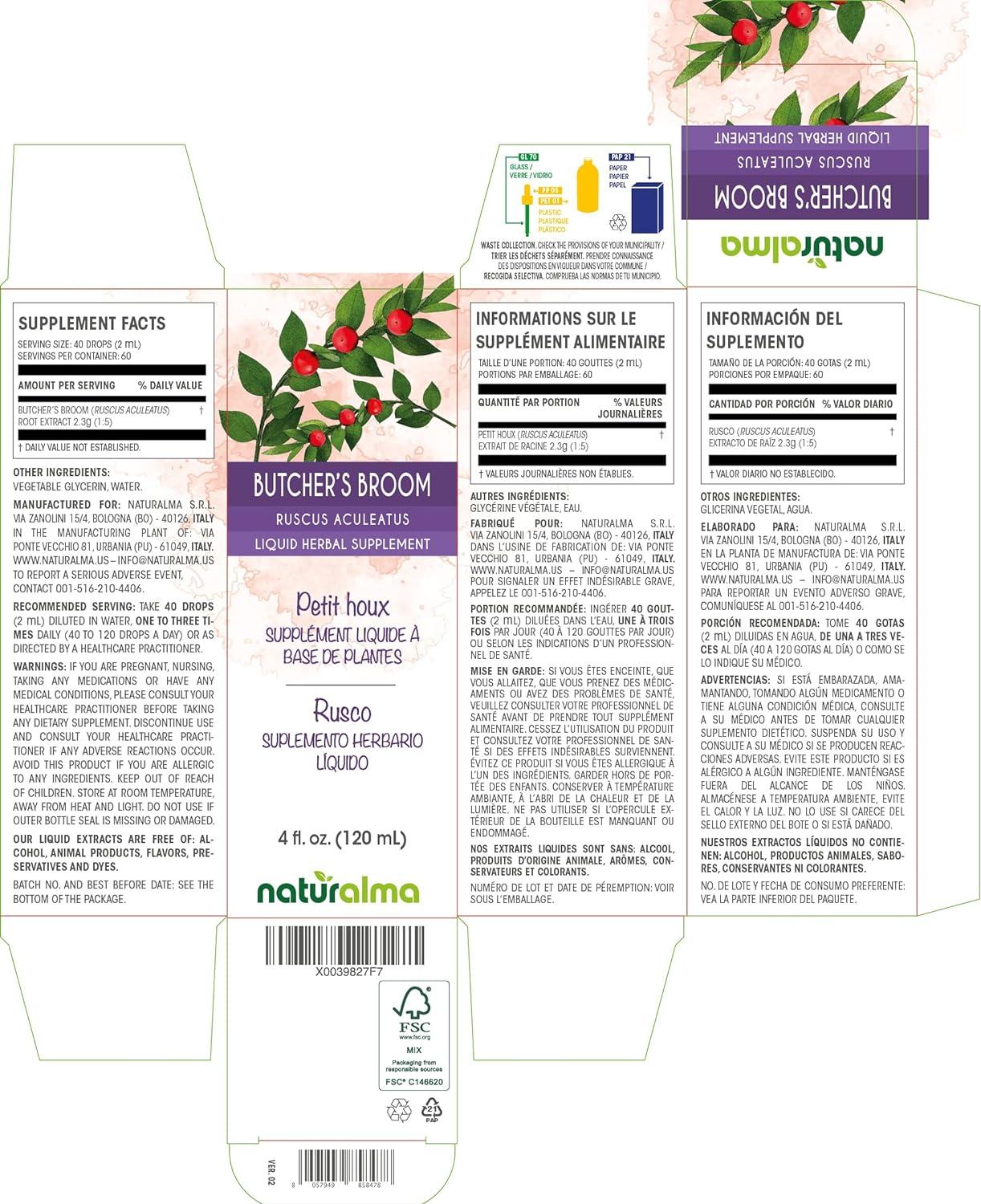 Naturalma Butcher's Broom Root Alcohol-Free Tincture 4 fl oz - Liquid ...