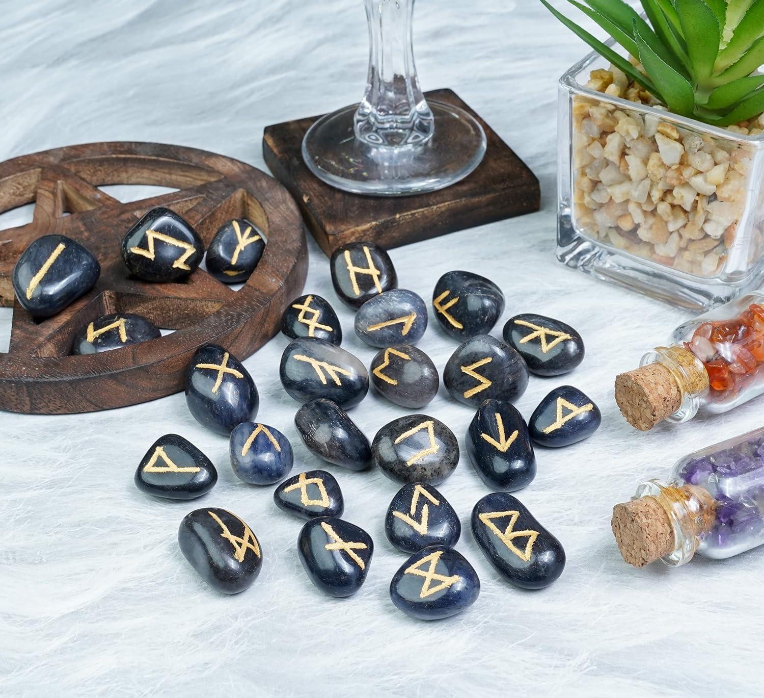 Blue Jade Elder Futhark Alphabet Engraved Gemstone Rune Set - 25 pcs ...