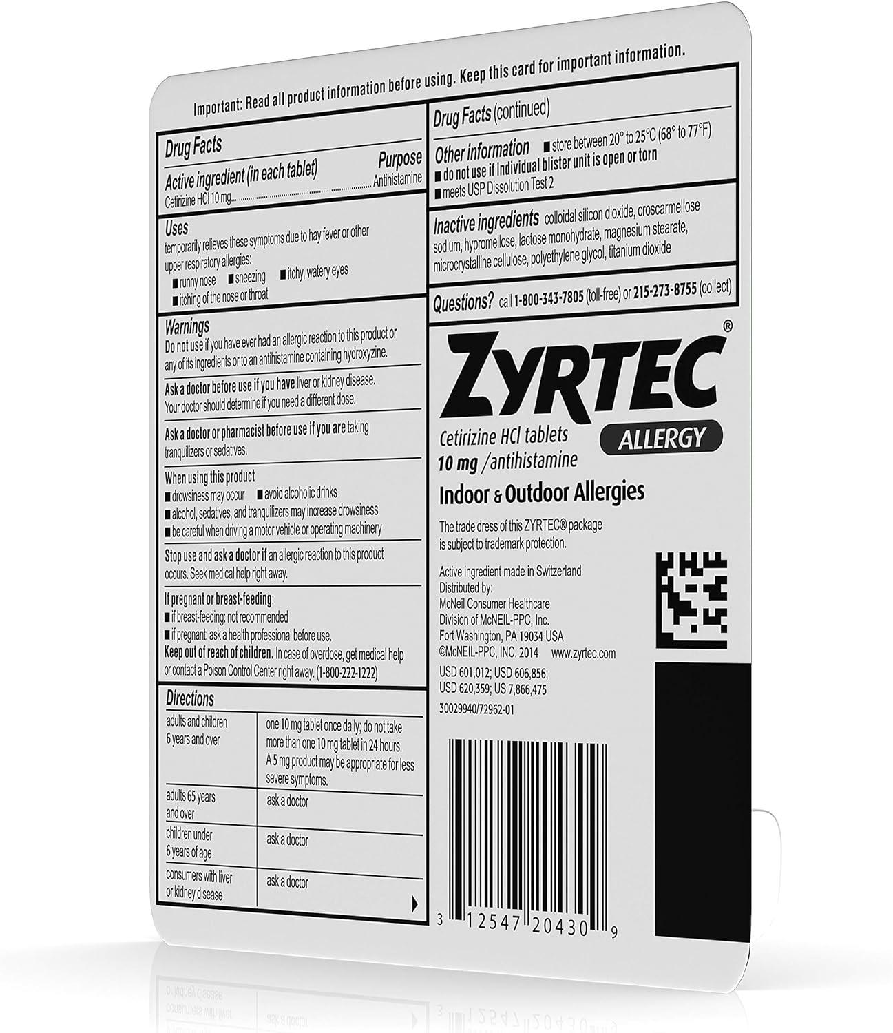 Zyrtec 10mg Tablets 5 Count - Fast-Acting Allergy Relief | Buy Now with ...