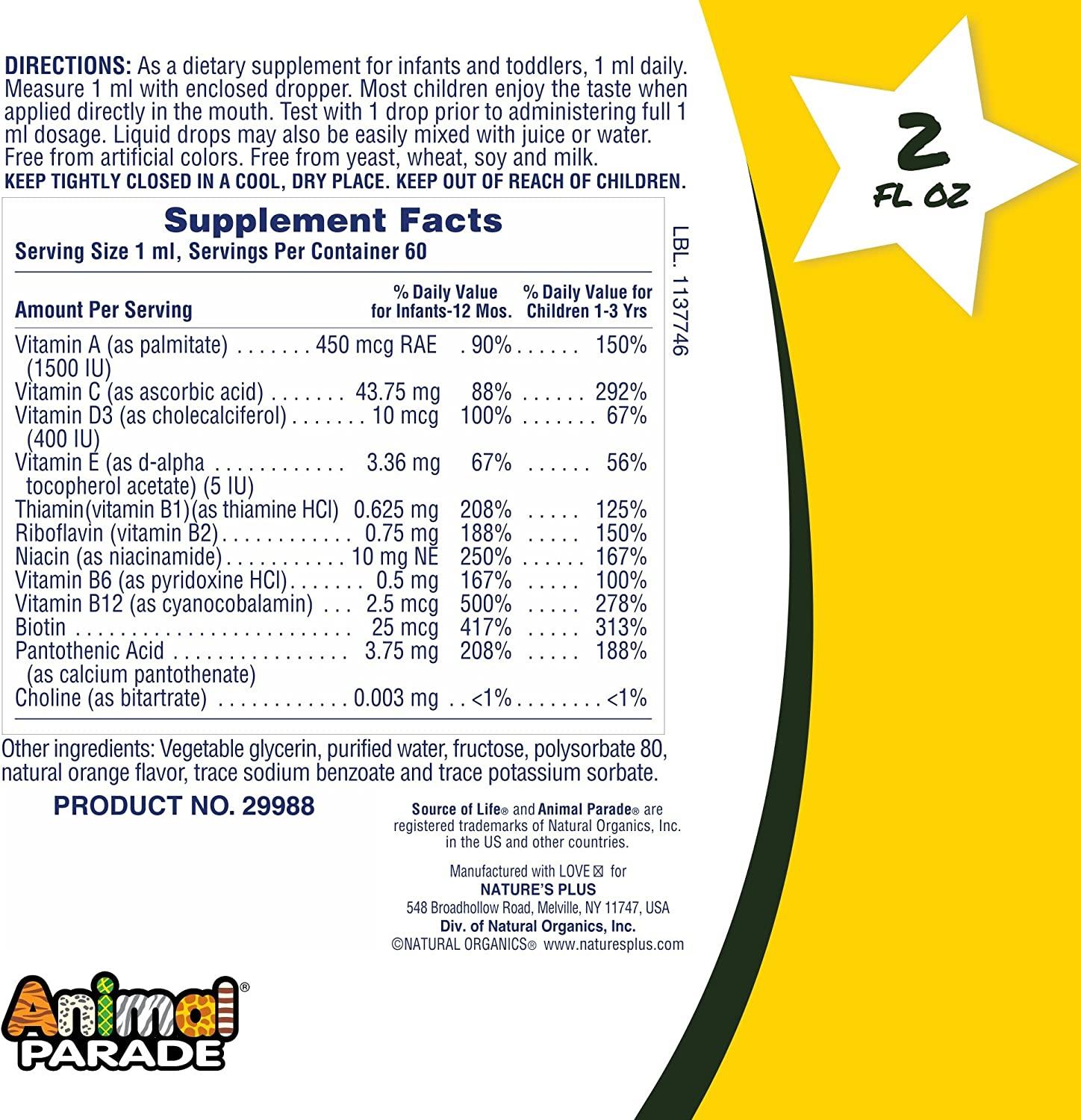 Nature's Plus Animal Parade Baby Plex Sugar-Free Multivitamin Drops ...