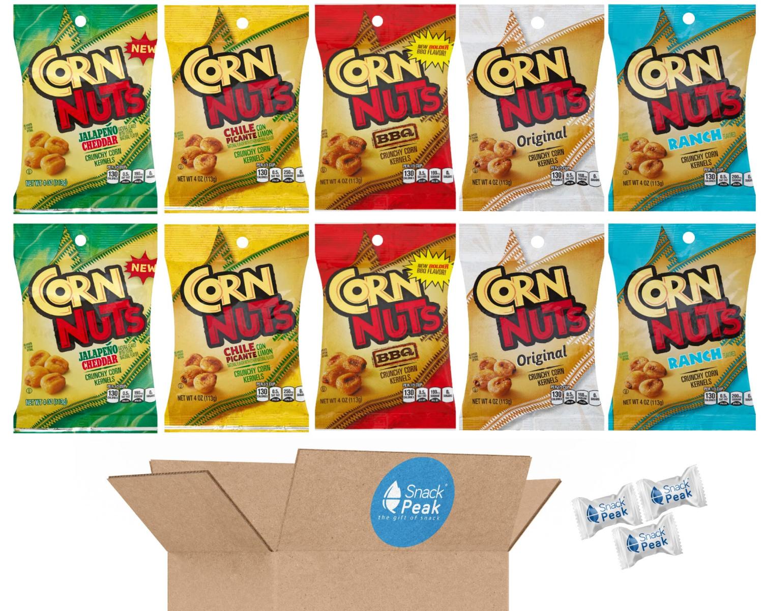 Corn Nuts Snack Peak Variety Gift Box - 10 Pack (4 oz Each) - Original, Barbecue, Chile Picante ...