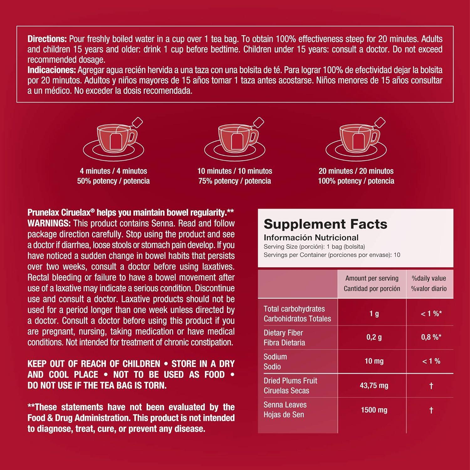 Prunelax Ciruelax Natural Laxative Tea Bags - 10 Bags | Buy Now with ...