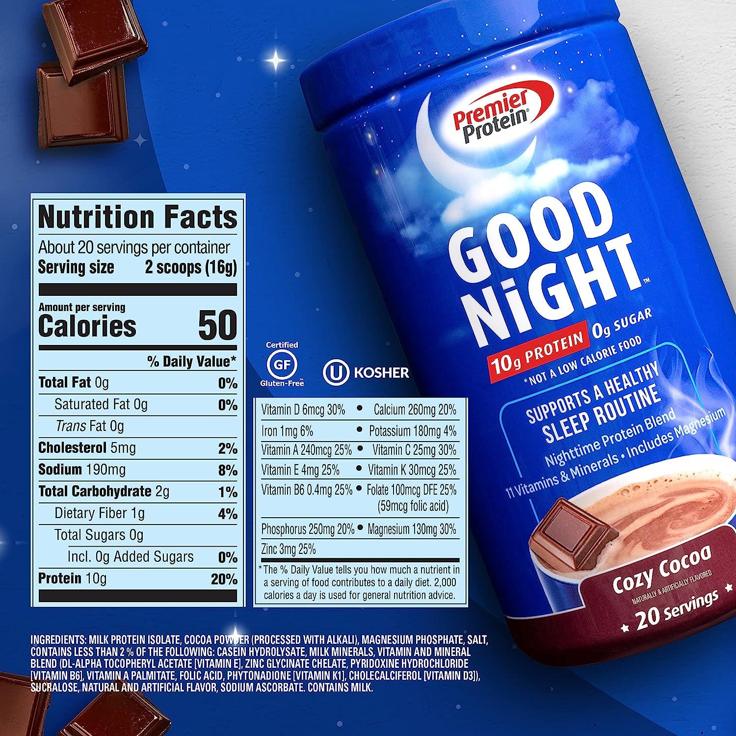 Premier Protein Good Night Hot Cocoa Mix - 10g Protein, 0g Sugar, 11 ...