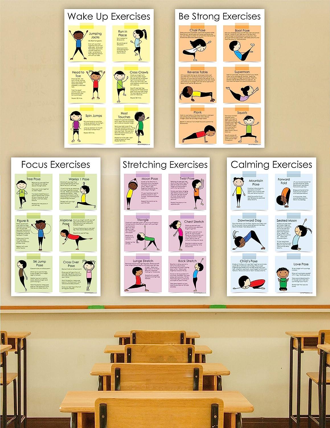 Yoga Calm and Kids Work Out Classroom Exercise Posters - Set of 5 ...