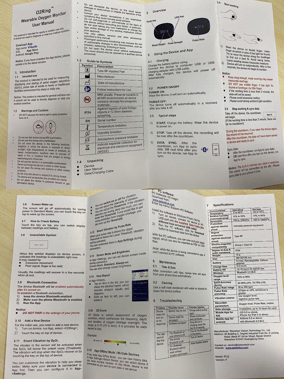 Wellue O2Ring Wearable Pulse Oximeter - Bluetooth SPO2 Blood Oxygen ...