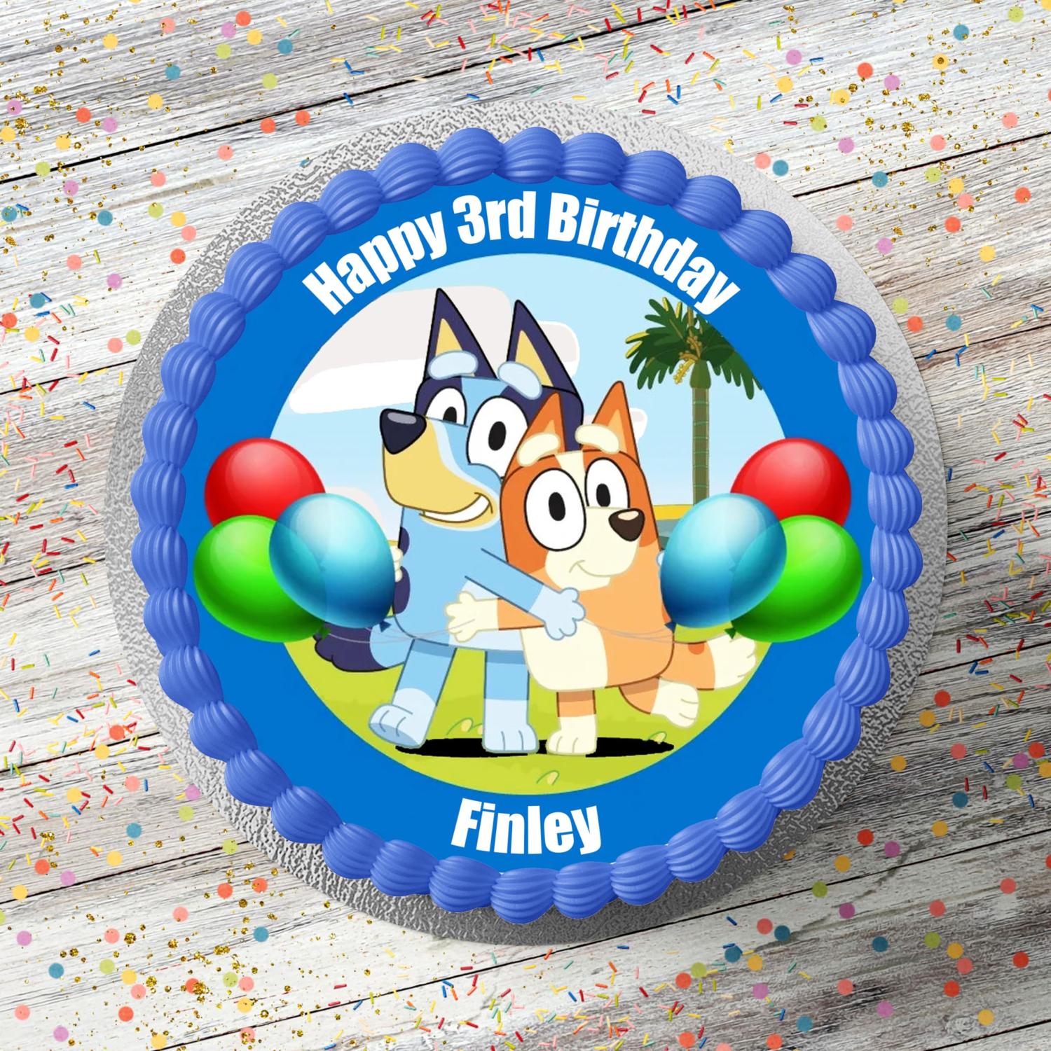 Bluey Blue Dog Theme Personalised PRECUT Cake Topper 8 Inch Round ...