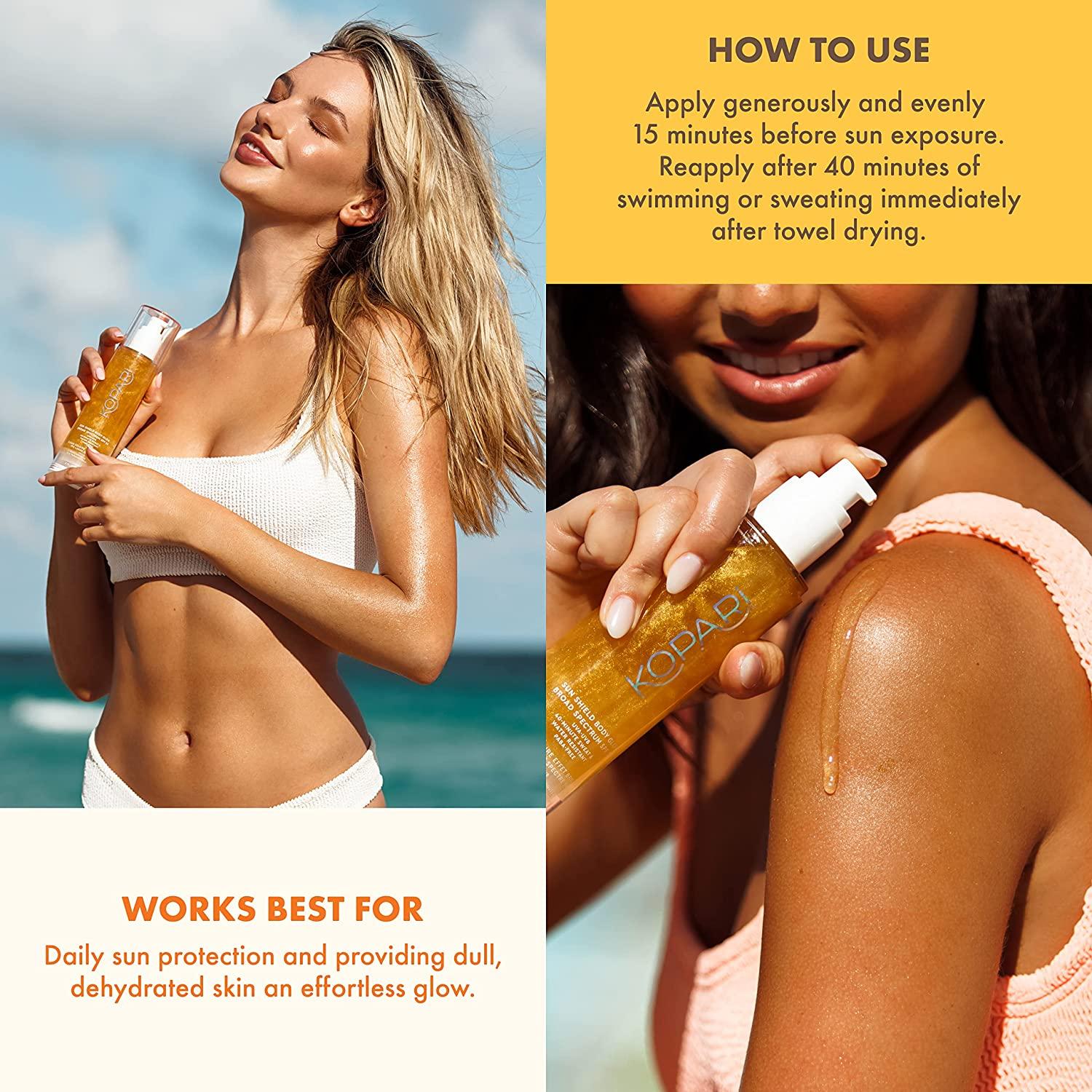 Kopari Sun Shield Body Glow SPF 50 | Sheer Sunscreen with Gold Shimmer | Sweat & Water Resistant ...