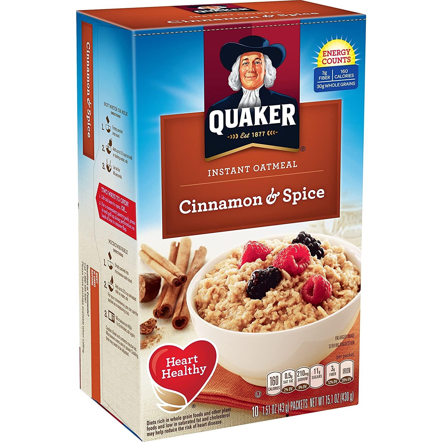 Quaker Instant Oatmeal Cinnamon & Spice 10-Count Boxes - Pack of 4 - 1 ...