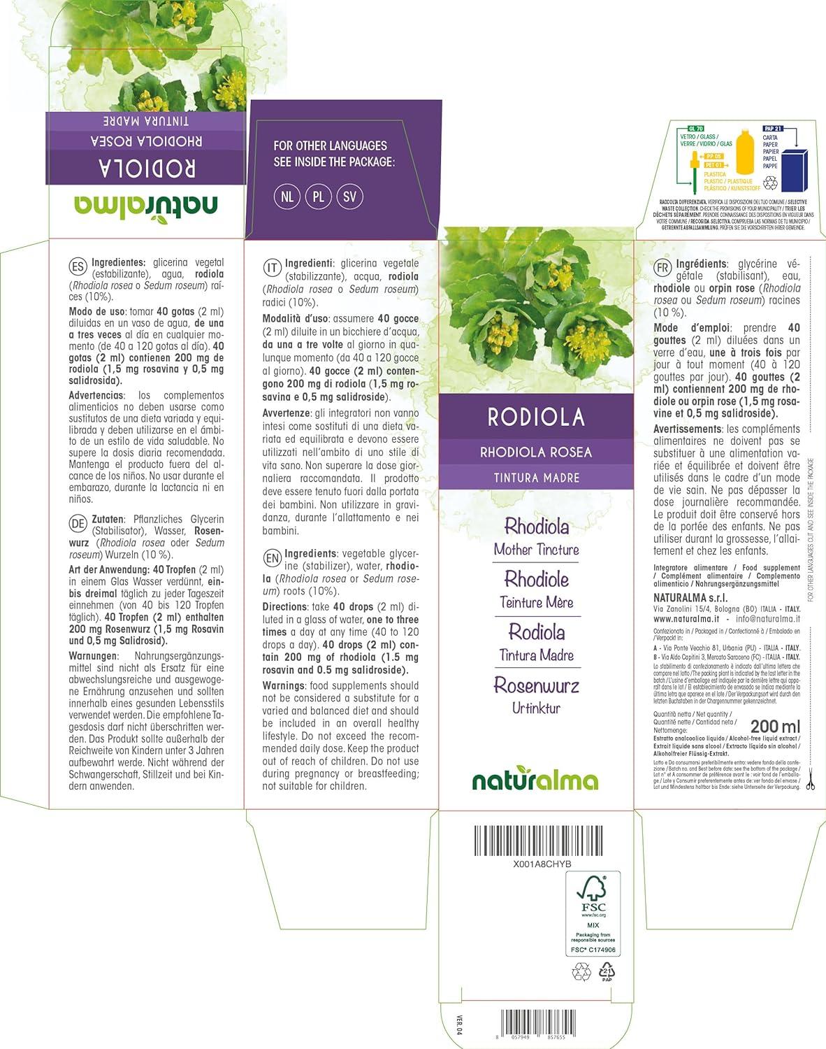 Rhodiola Rosea Root Alcohol-Free Mother Tincture 200ml | Naturalma ...