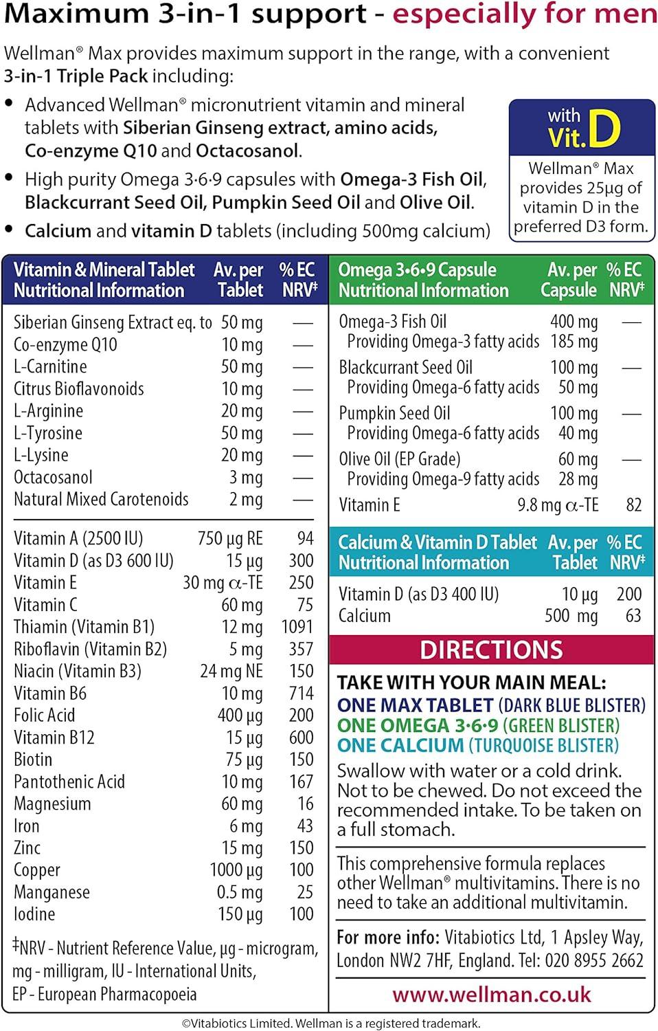 Vitabiotics Wellman Max - 84 Tablets - 84 Count Pack - Enhanced Men's ...