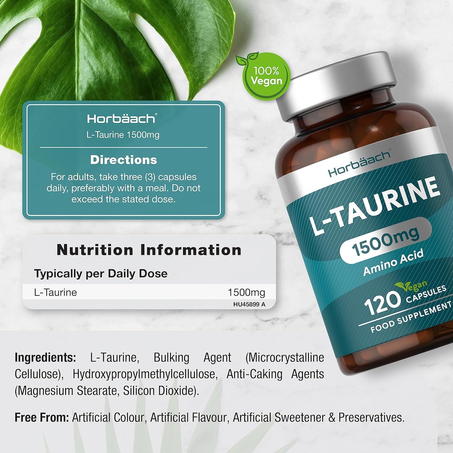L Taurine 1500mg Supplement 120 Vegan Capsules | Amino Acid by Horbaach ...