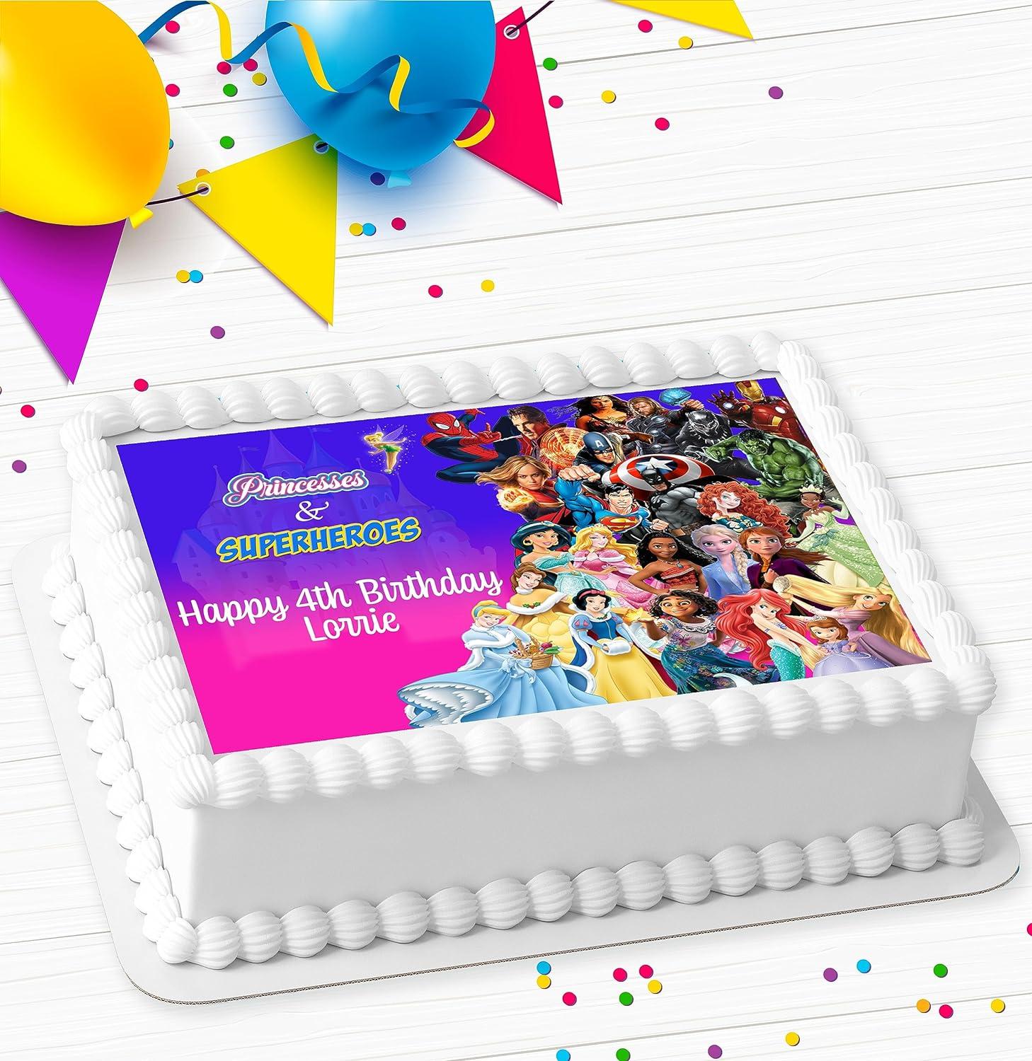 PRINCESS & SUPERHEROES PERSONALISED EDIBLE ICING COSTCO CAKE TOPPER R3 ...