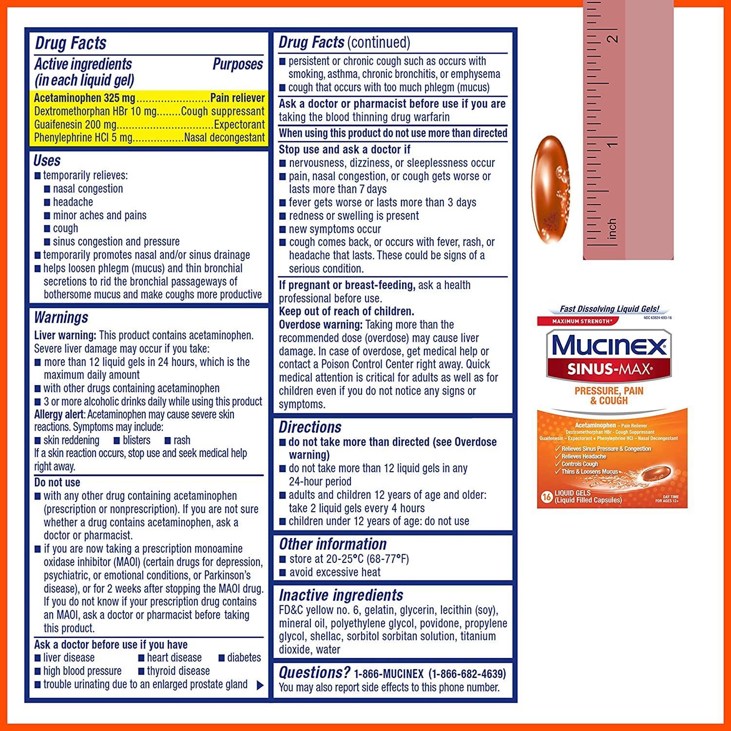 Mucinex Sinus-Max Maximum Strength Pressure, Pain & Cough Liquid Gels ...