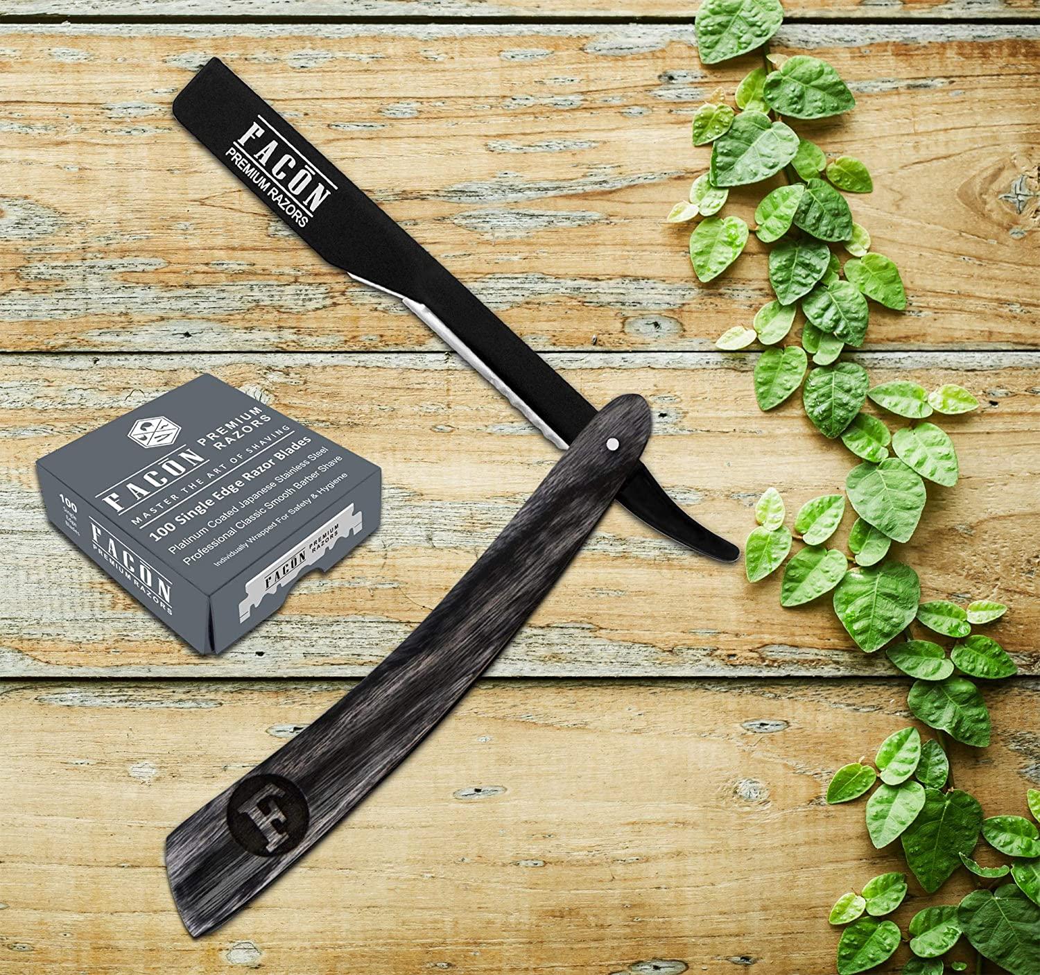 100 BLADES + Facn Professional Wooden Straight Edge Barber Razor ...