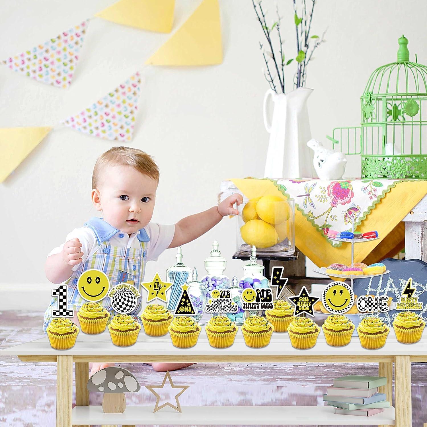 48Pcs One Happy Dude Cupcake Toppers Smiley Face Cupcake Topper One ...