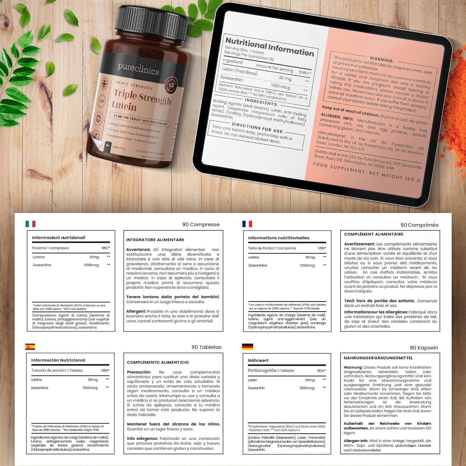 Lutein 30mg x 360 Tablets - Triple Strength Formula with Zeaxanthin | 4 ...