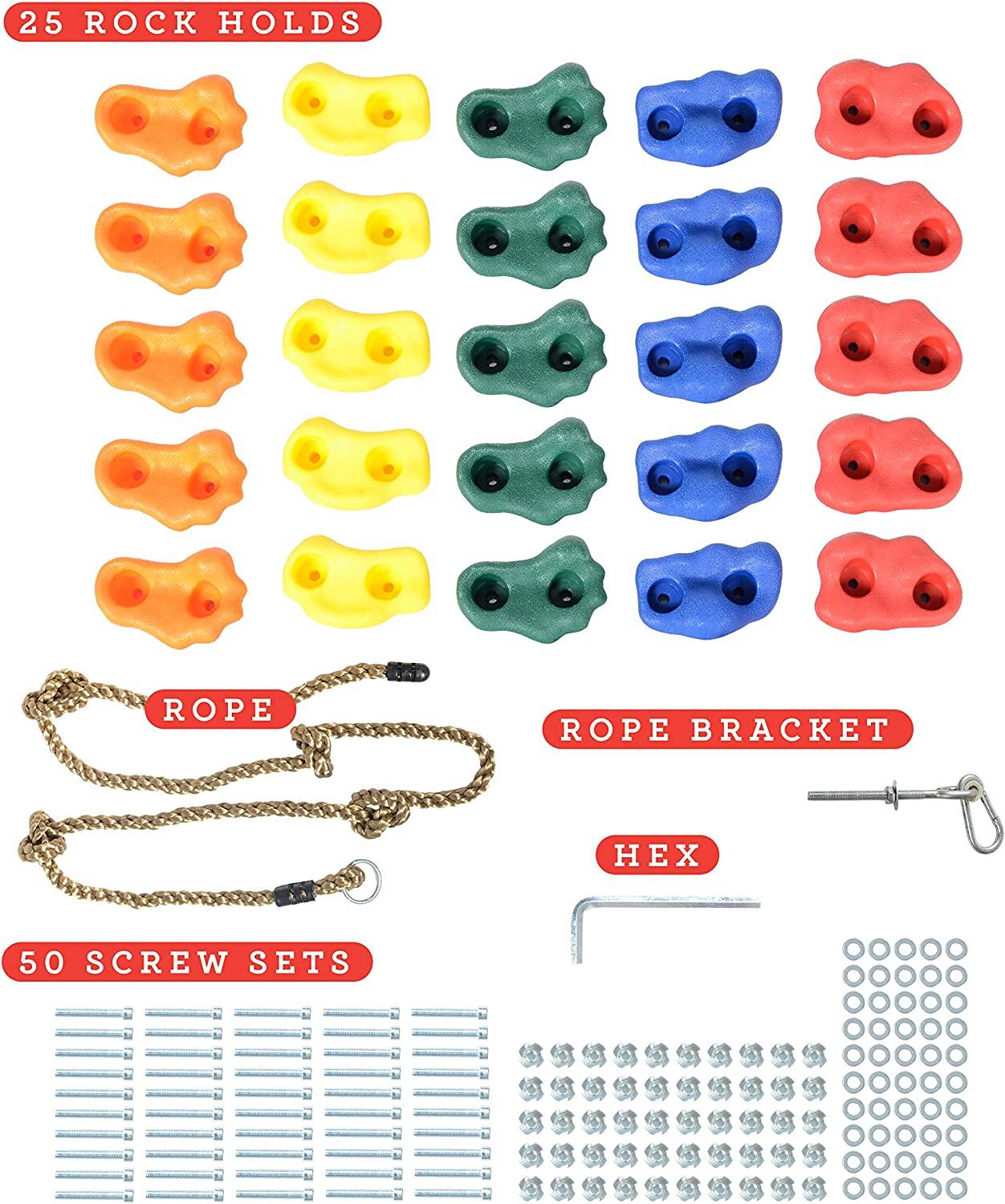 Milliard DIY Rock Climbing Holds Set with 8 Foot Knotted Rope - 25 Pc. Kit for Kids Indoor and ...