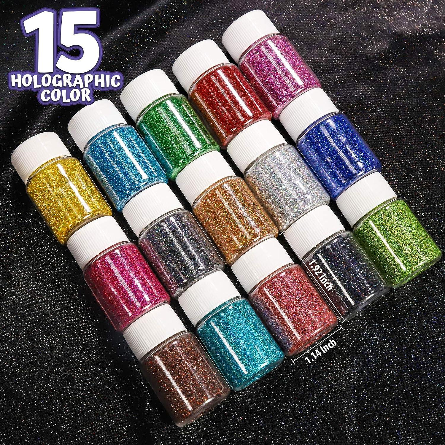 LEOBRO Holographic Fine Glitter Powder - 15 Colors for Resin Jewelry ...